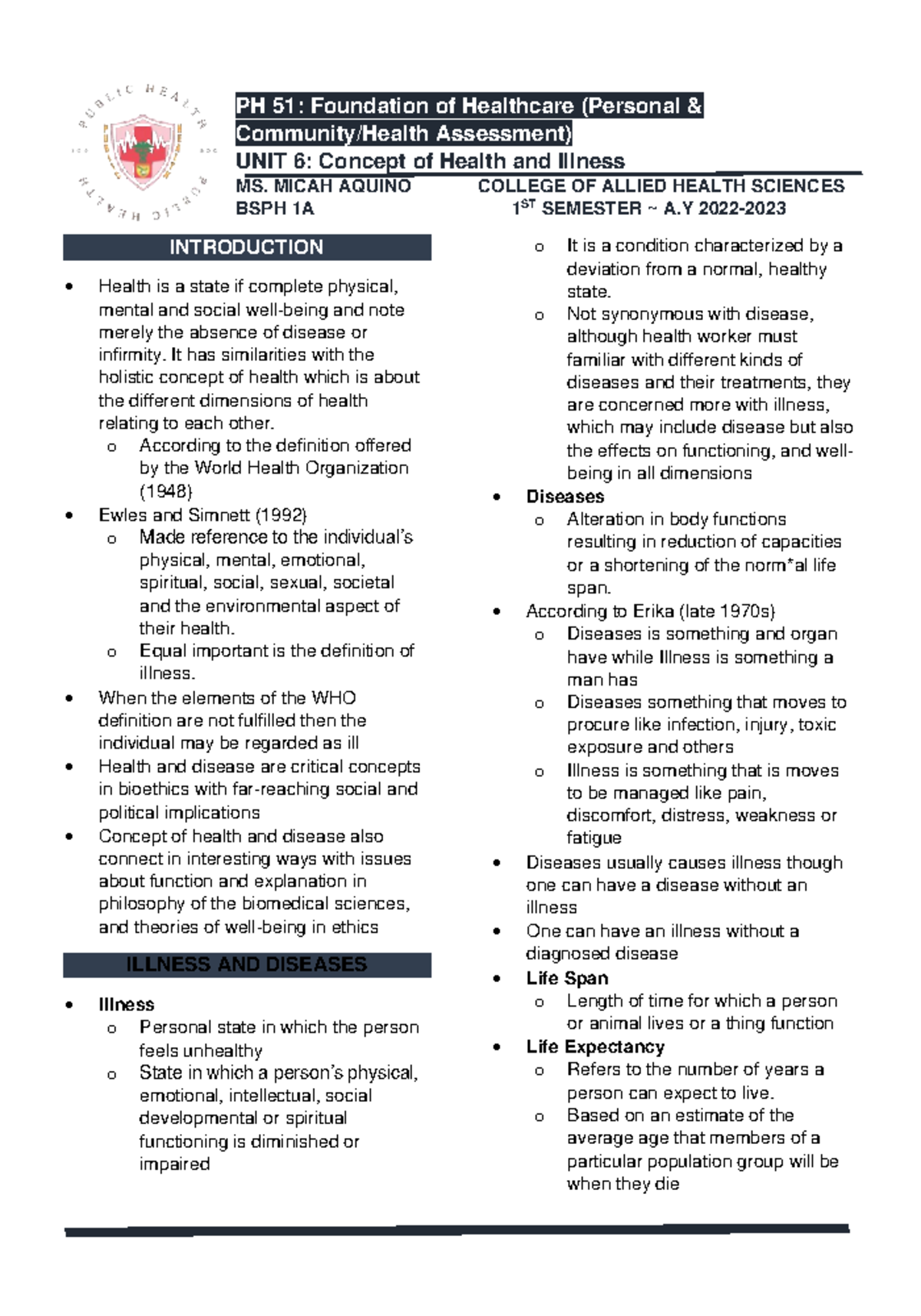 FOHC Transes UNIT 6 - Community/Health Assessment) UNIT 6 : Concept of ...