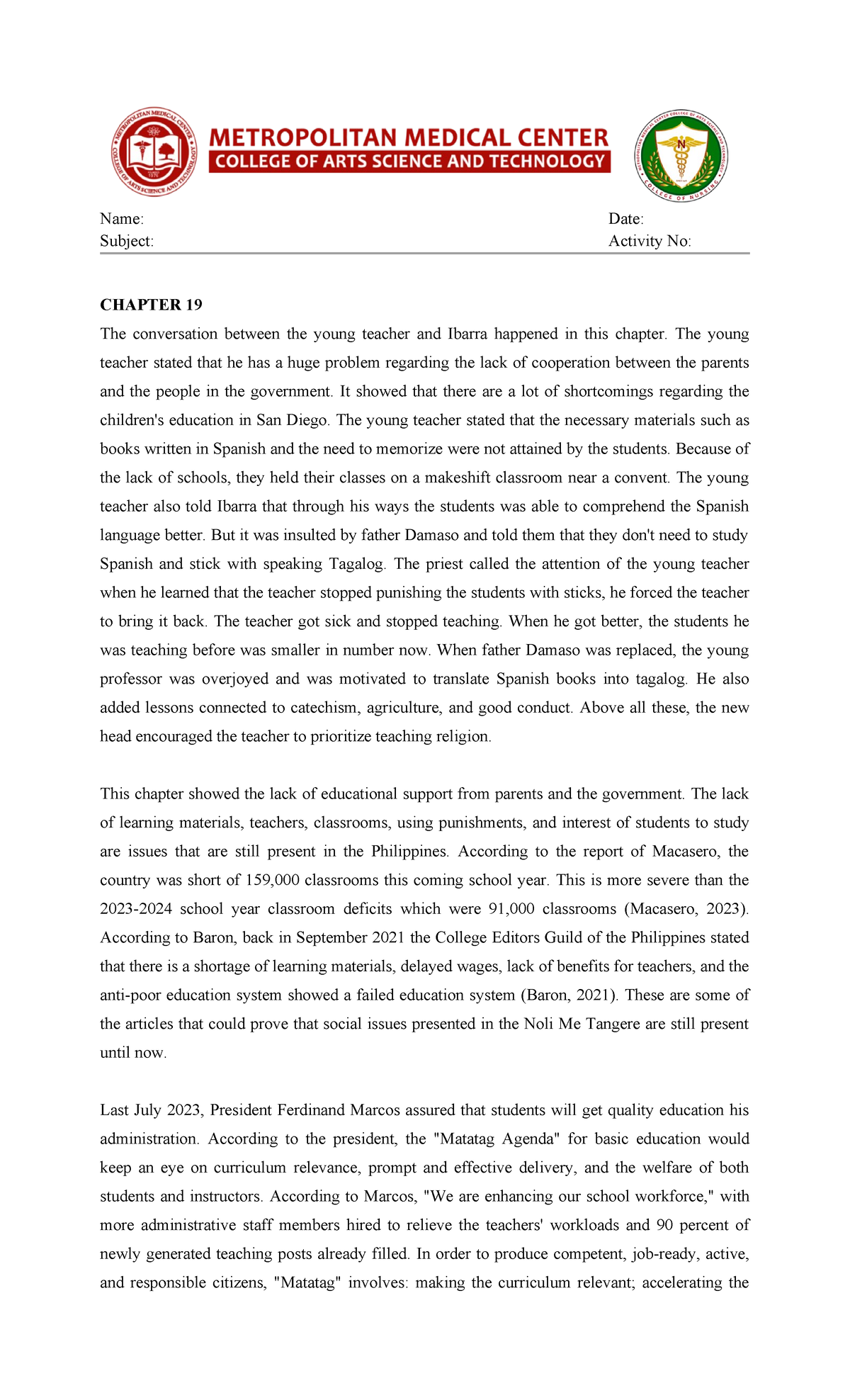 Rizal Chapter 19 - vxcvxcvbxc - Name: Date: Subject: Activity No: CHAPTER 19 The conversation ...