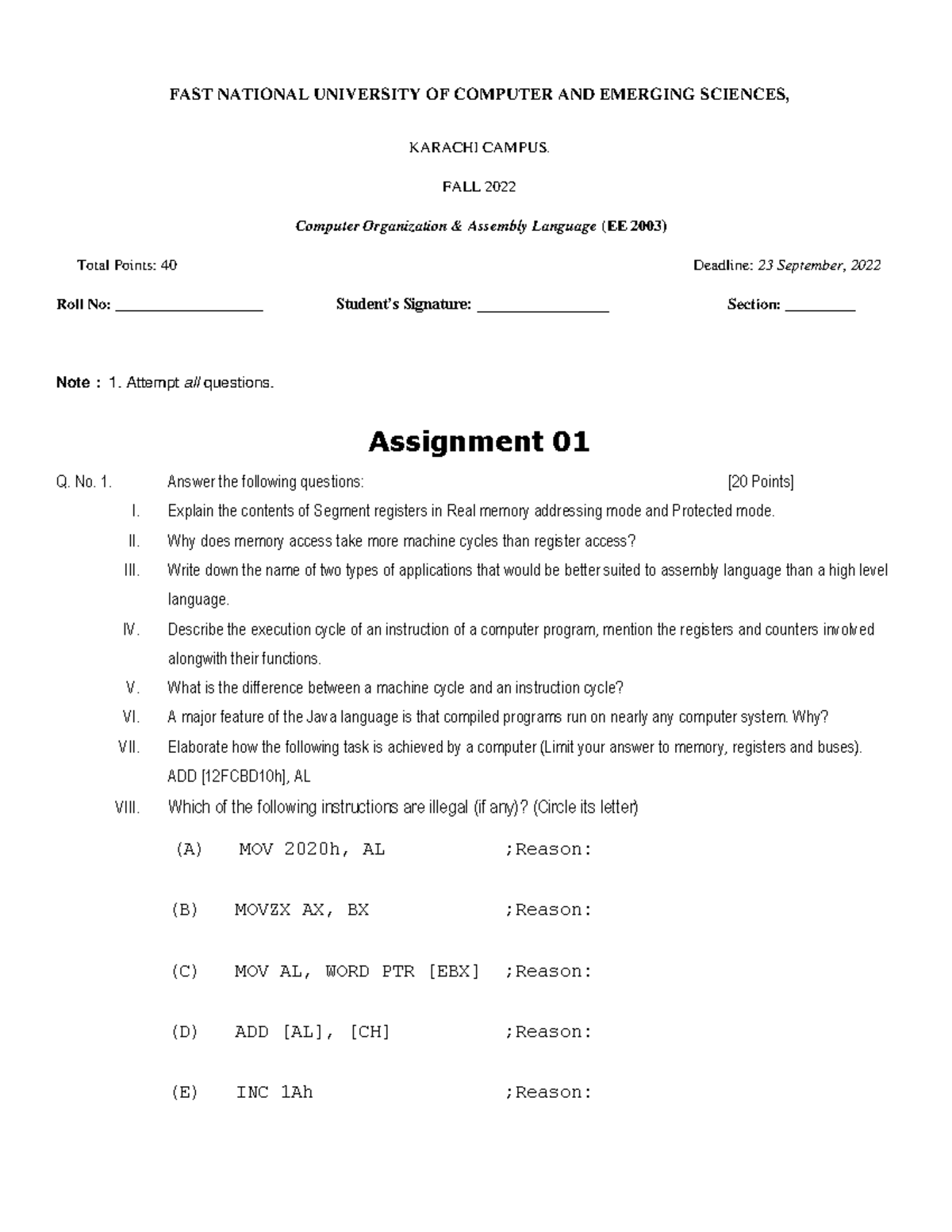 COAL Assignment 01 - VERY HELPFUL BOOK - FAST NATIONAL UNIVERSITY OF COMPUTER AND EMERGING ...