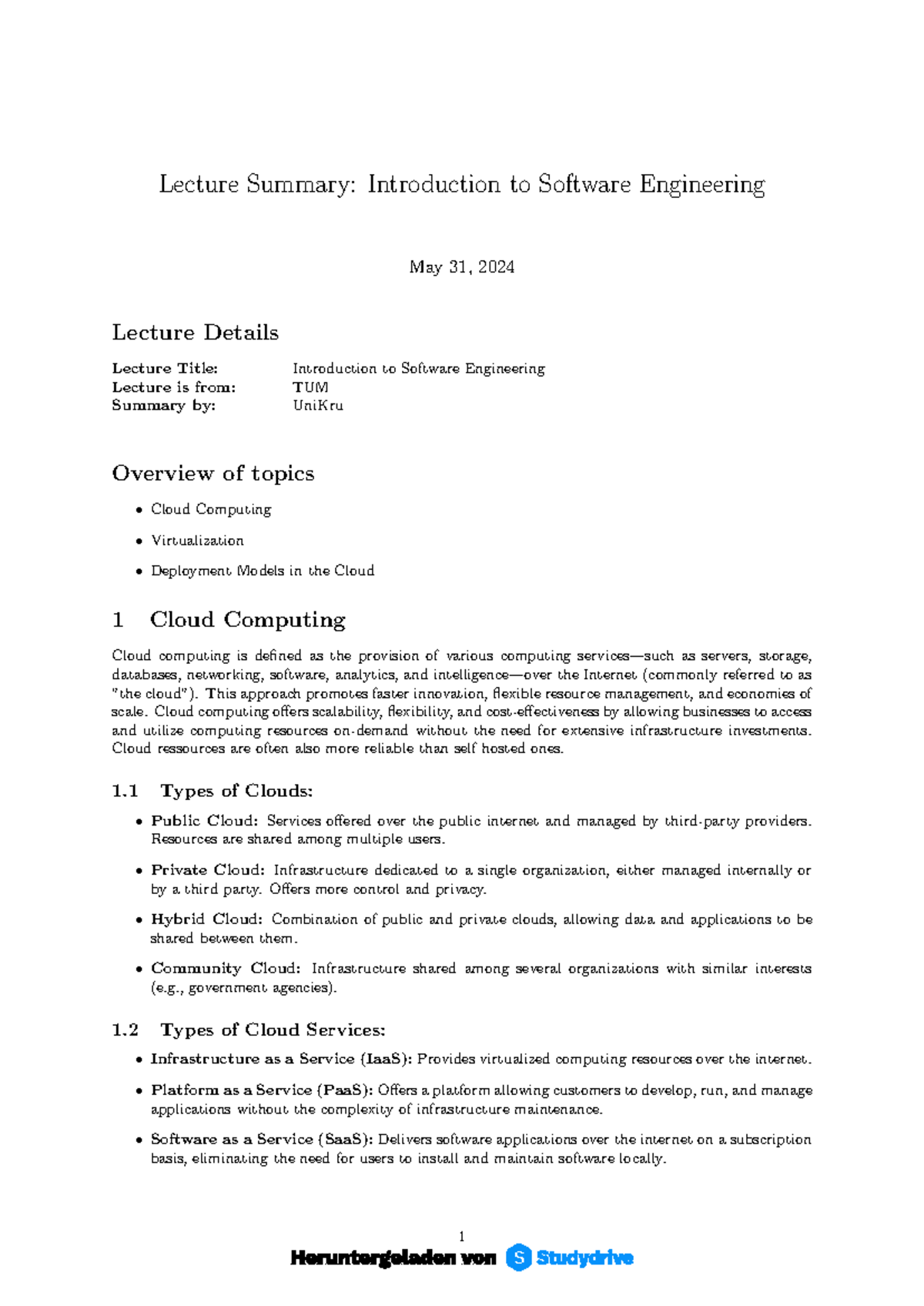 Eist Summary 2024 2 Cloud, Virtualization, Deployment models - Lecture Summary: Introduction to ...