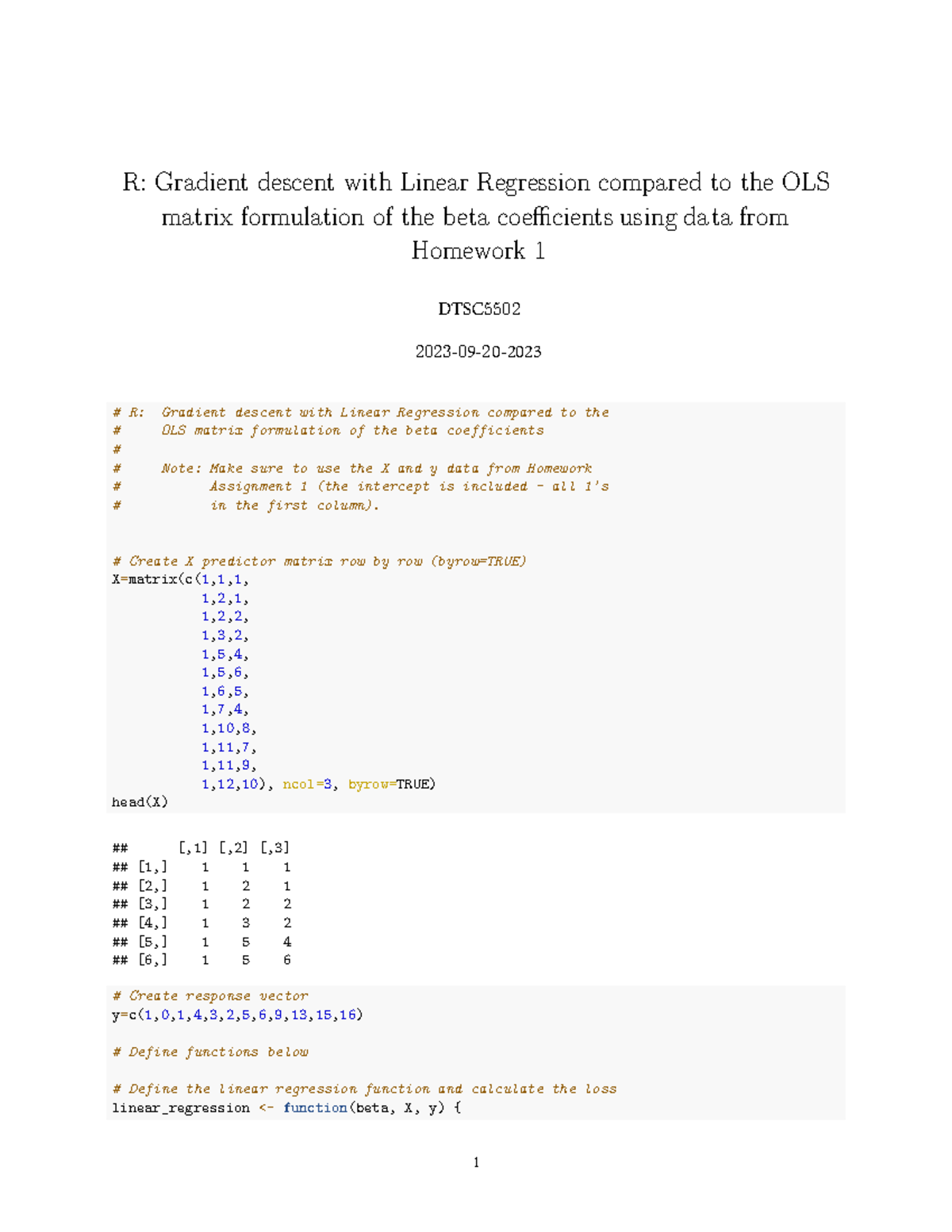 Gradient descent Programming Assignment 2 - R: Gradient descent with Linear Regression compared ...