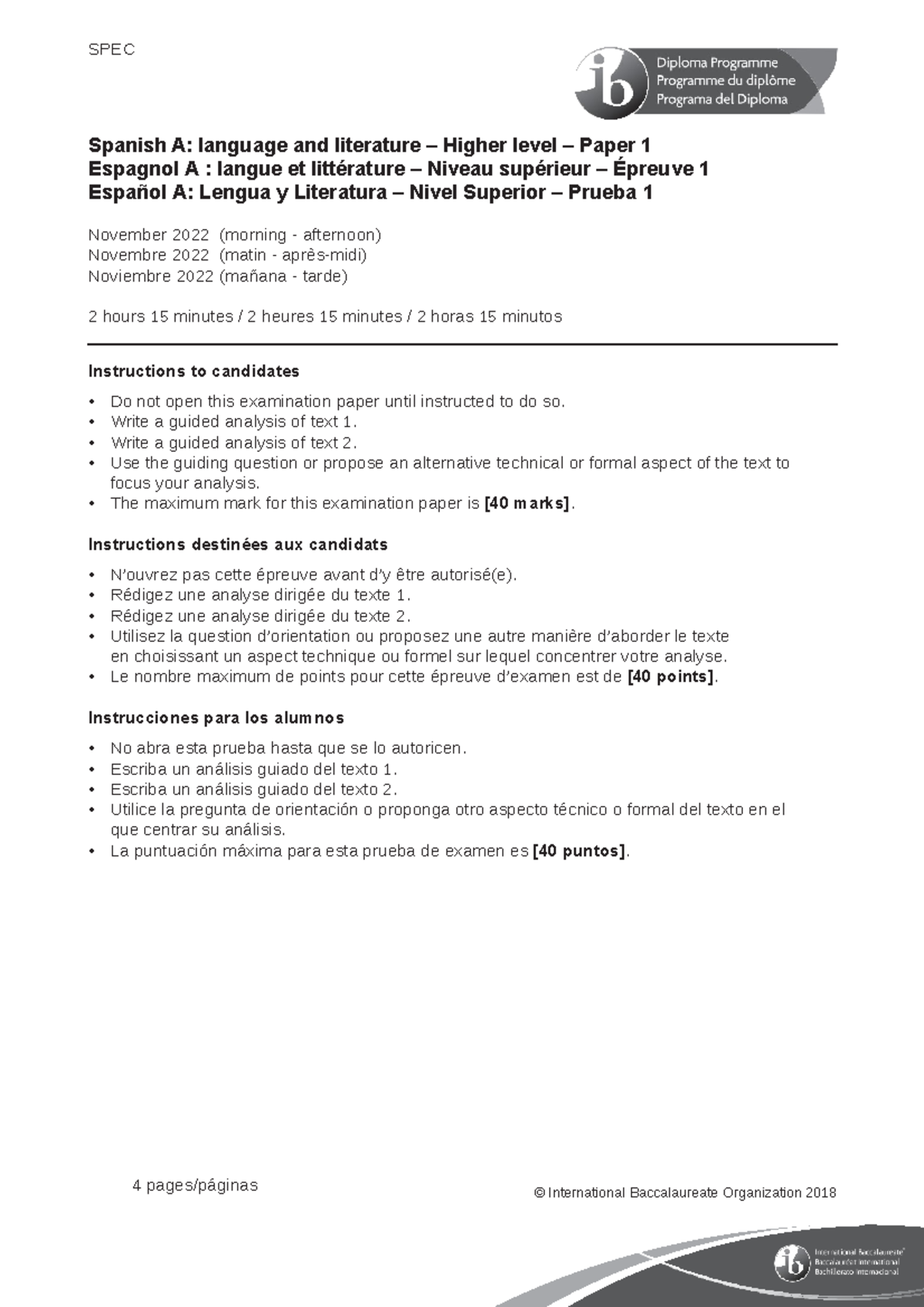 1 - Prueba 1 Lengua y Literatura - Examen de muestra - SPEC Spanish A ...