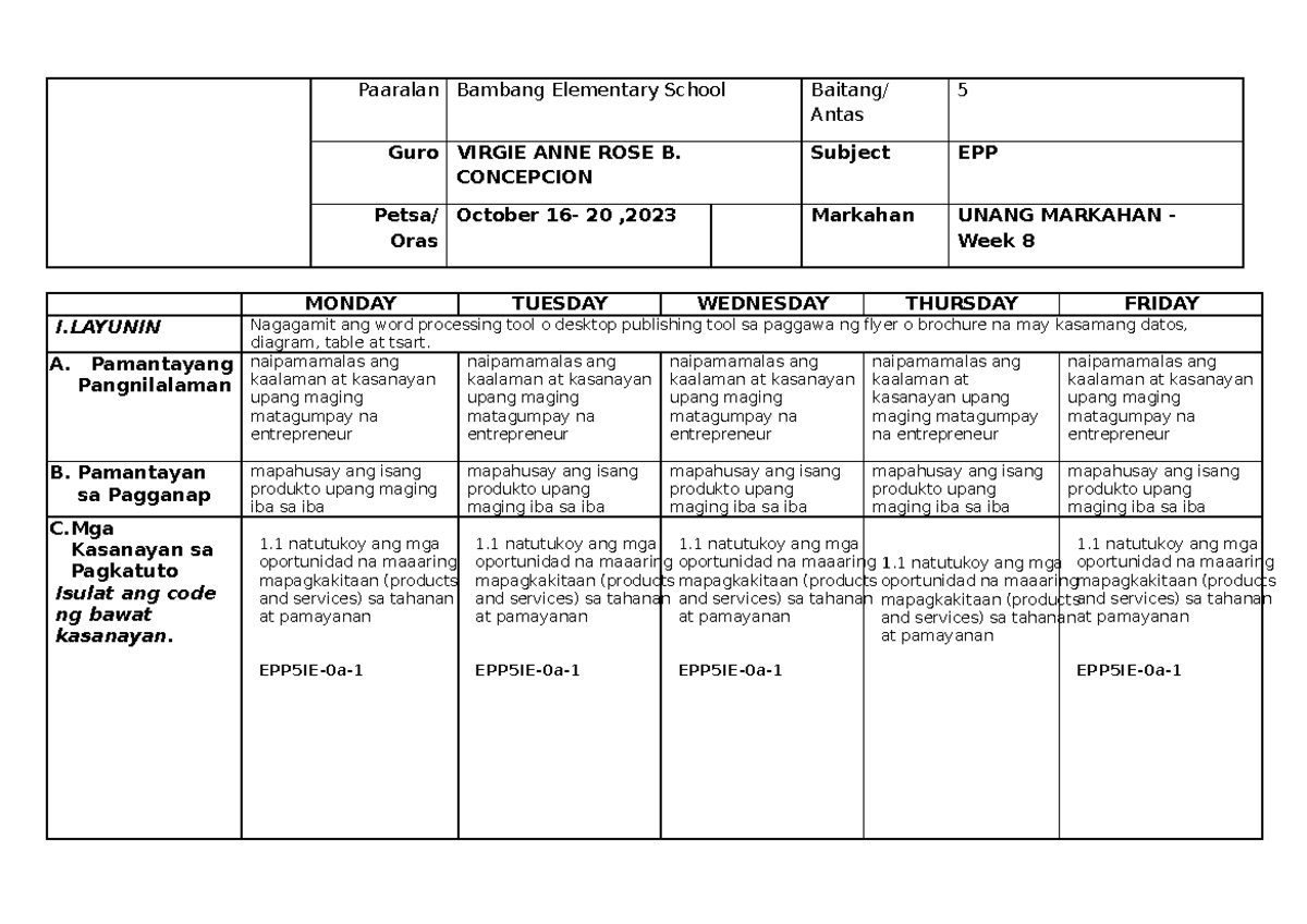 DLL-EPP- WEEK 8 - n/a - Paaralan Bambang Elementary School Baitang ...