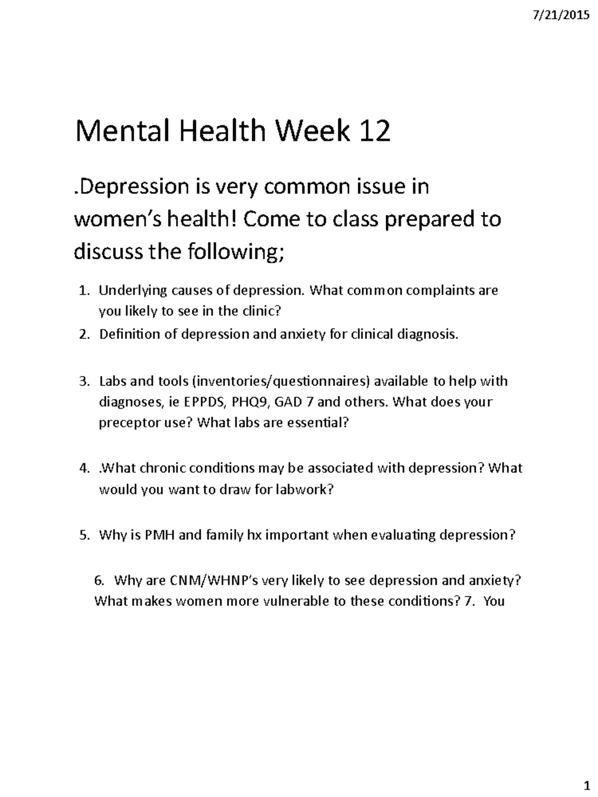 Week 12 student handout - mental health - Mental Health Week 12 ...