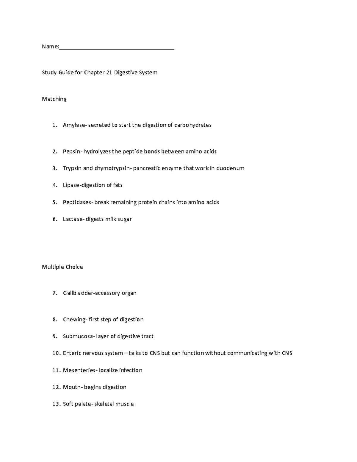 Anatomy and Physiology Chapter 21 Digestive System Study Guide Answers ...