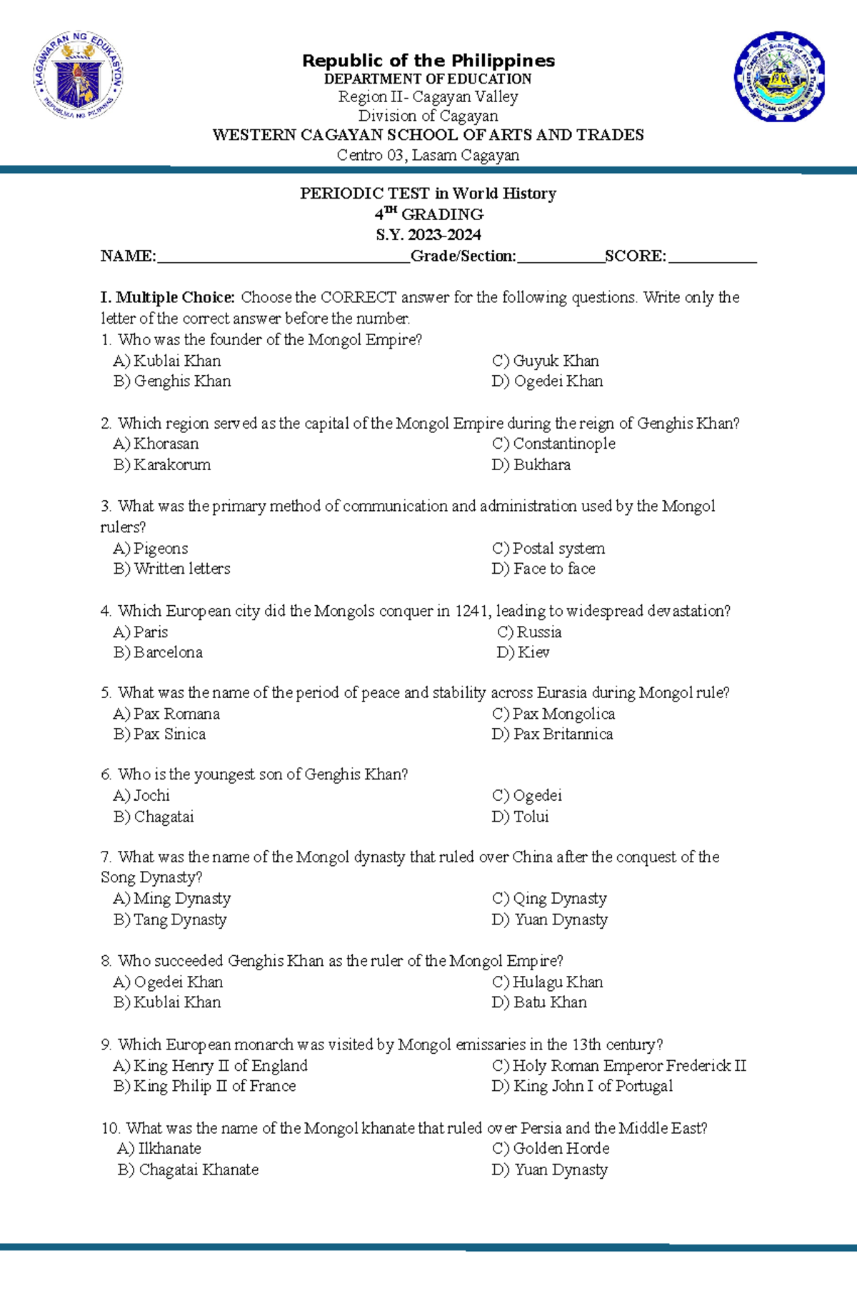 World History Question paper - DEPARTMENT OF EDUCATION Region II ...