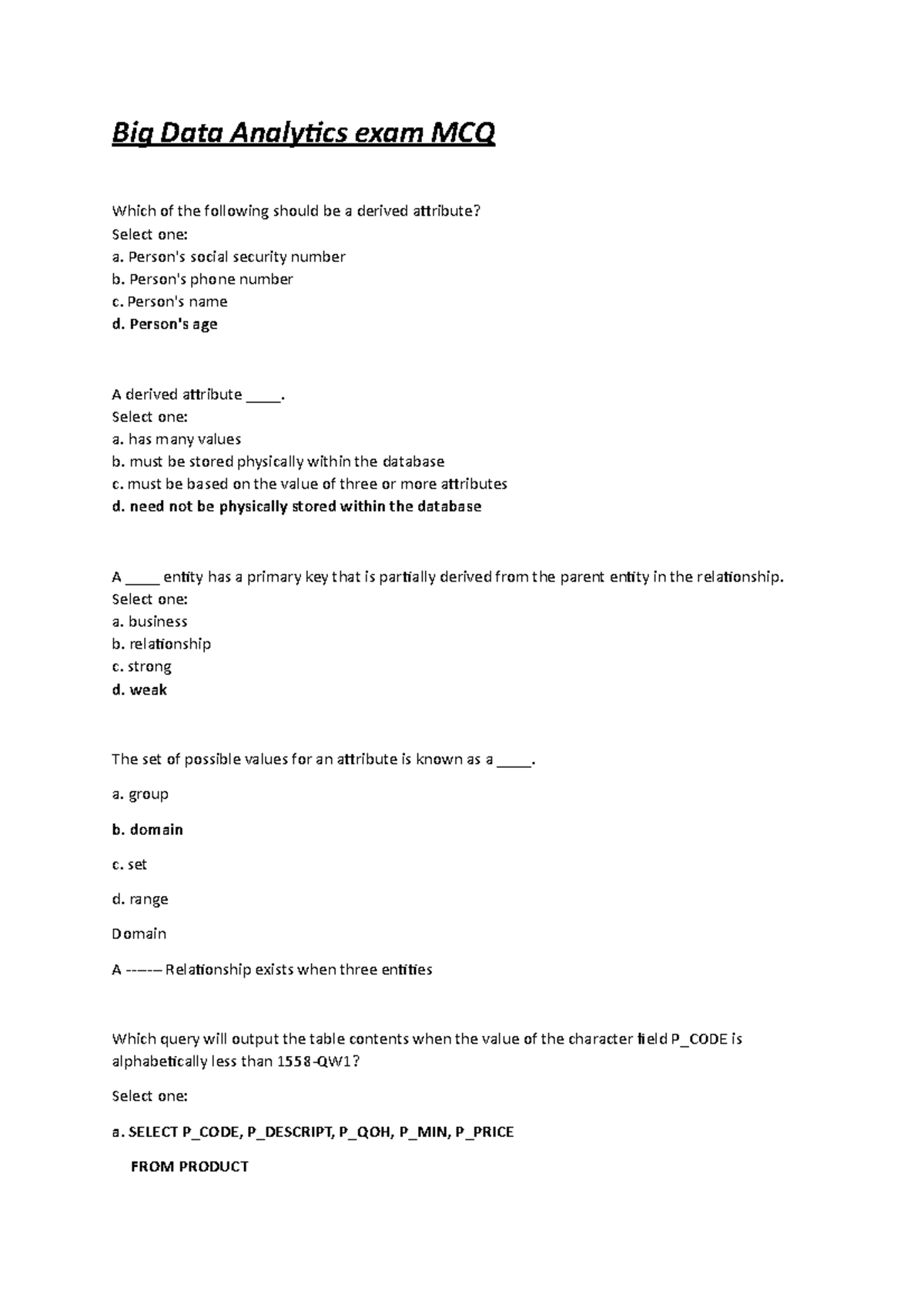 Big Data Analytics Exam MCQ - Studocu