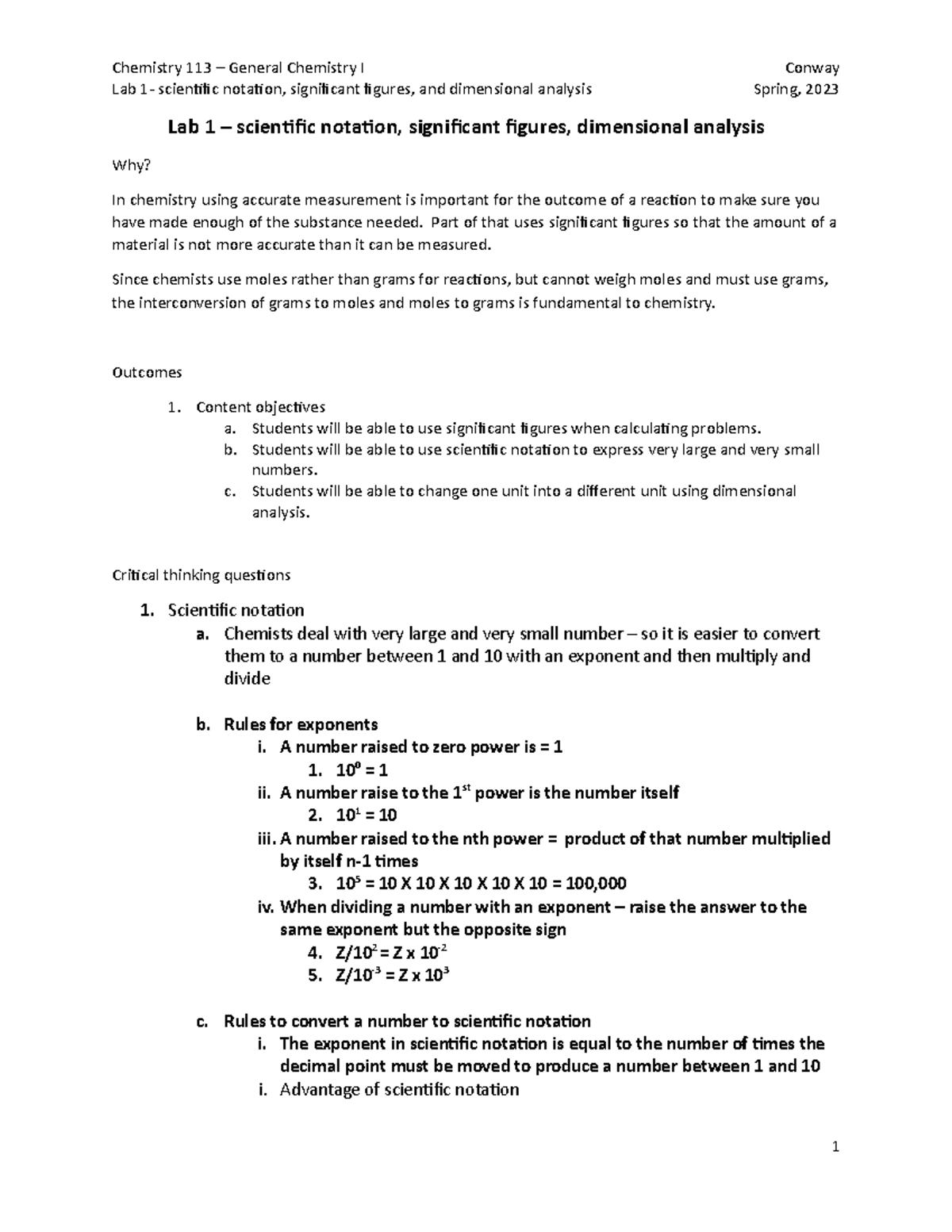Lab 1 sci not, sig fig, dim analysis fall, 2022 - Lab 1- scientific ...