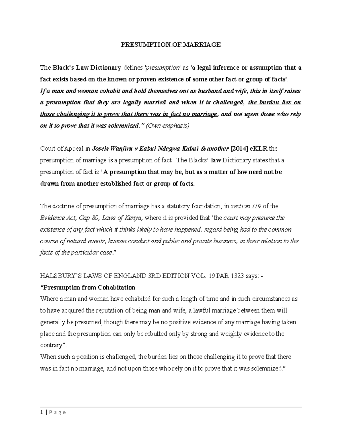 Presumption of marriage - PRESUMPTION OF MARRIAGE The Black's Law ...