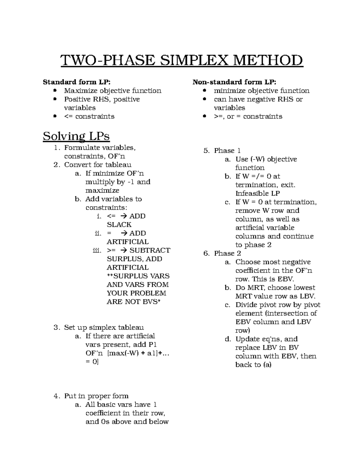 Exam Study Notes - SIMPLEX METHOD Standard form LP: Maximize objective ...