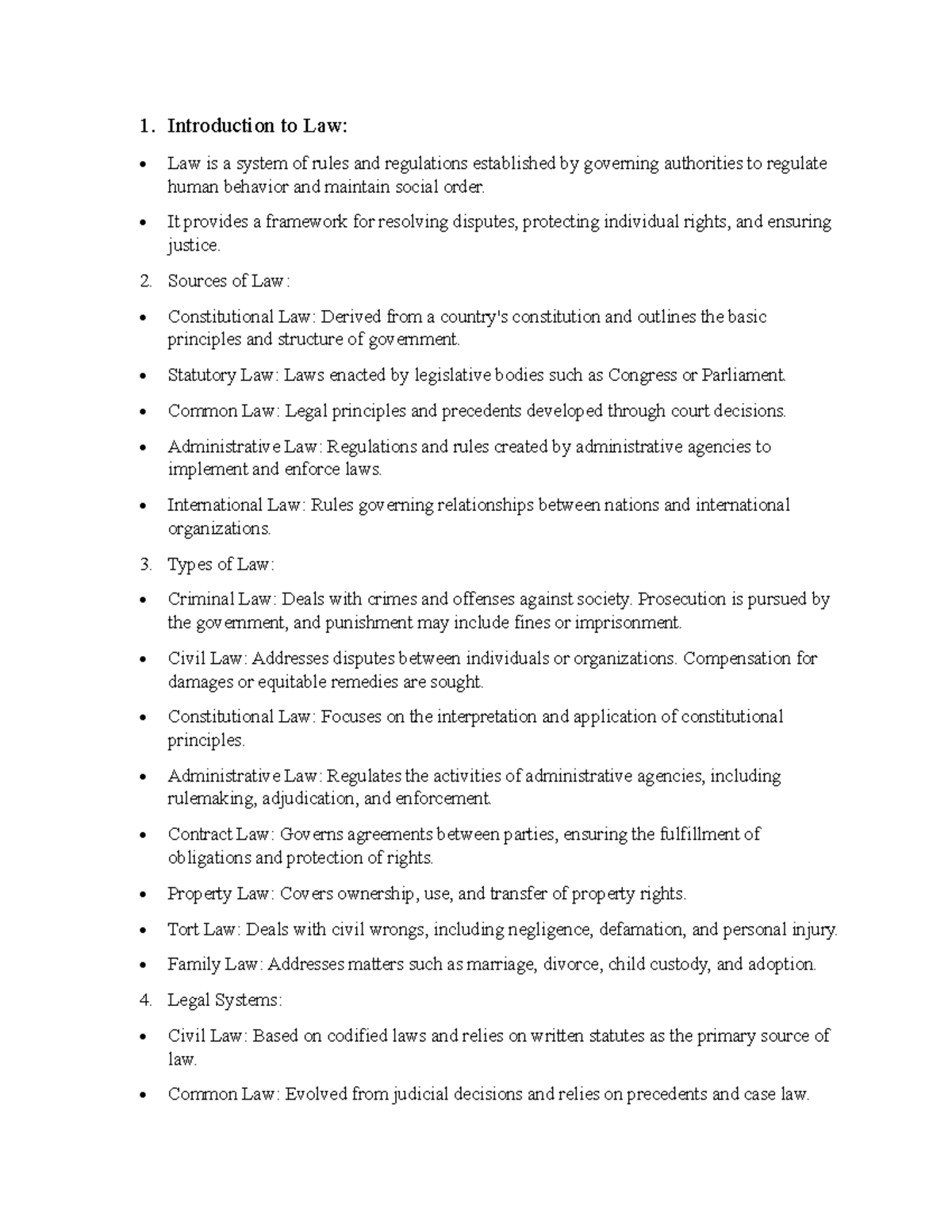 Introduction to Law - learning - 1. Introduction to Law: • Law is a ...