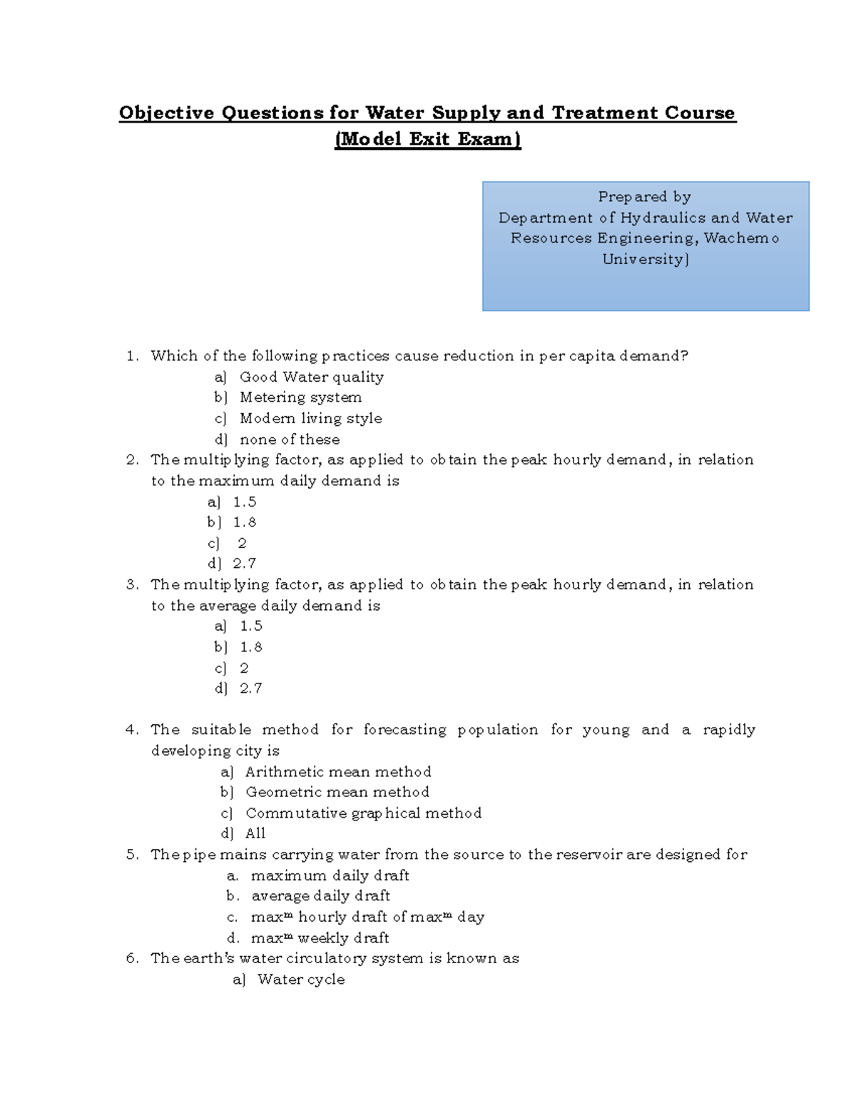 Exit Exam Water Supply - Objective Questions for Water Supply and ...