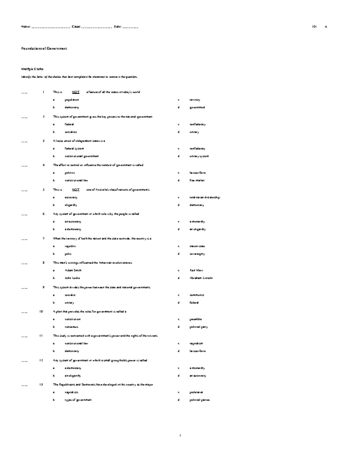Foundations of Government test - Name: ________________________ Class
