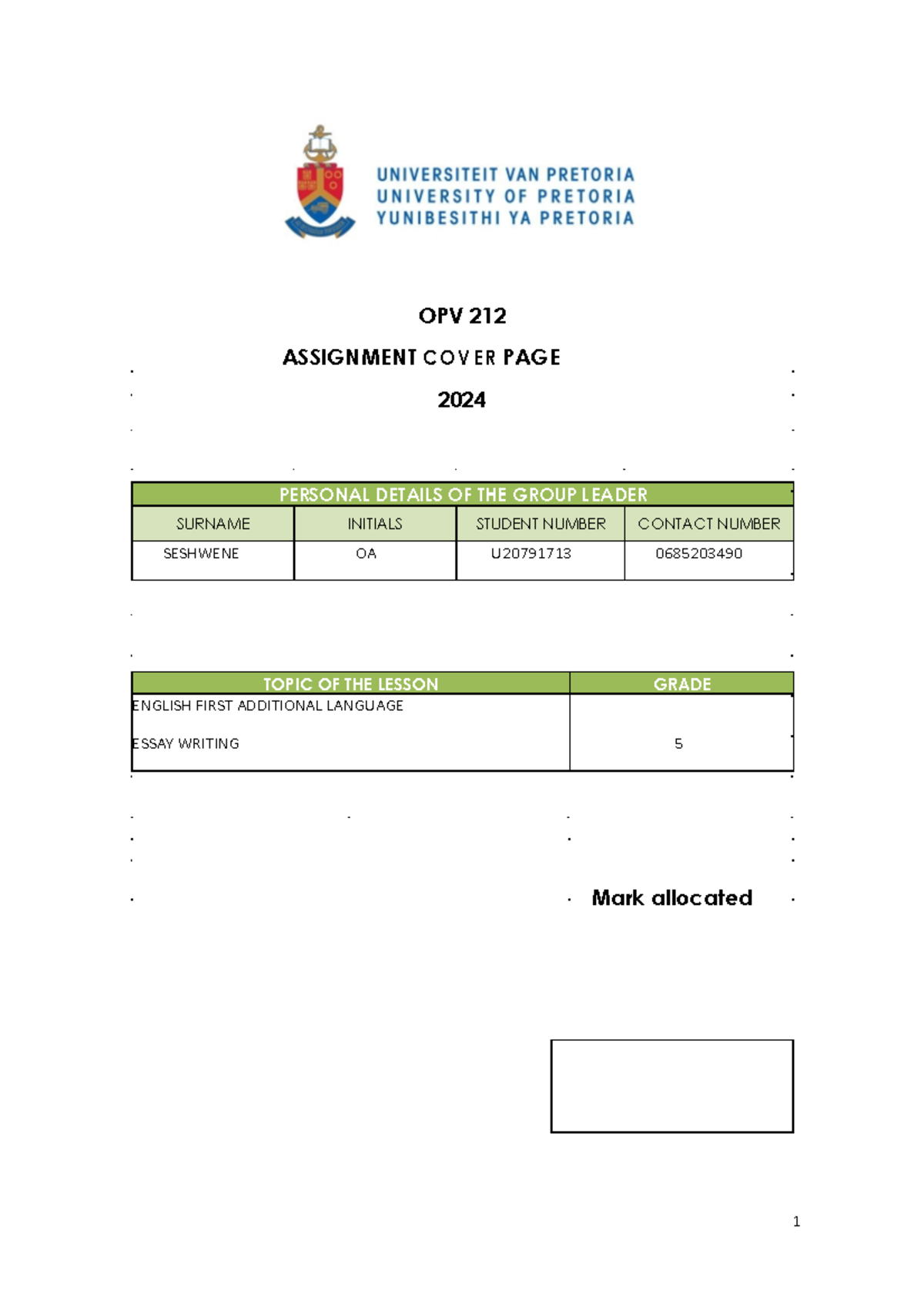 OPV Individual Assignment - OPV 212 ASSIGNMENT COVER PAGE 2024 PERSONAL ...