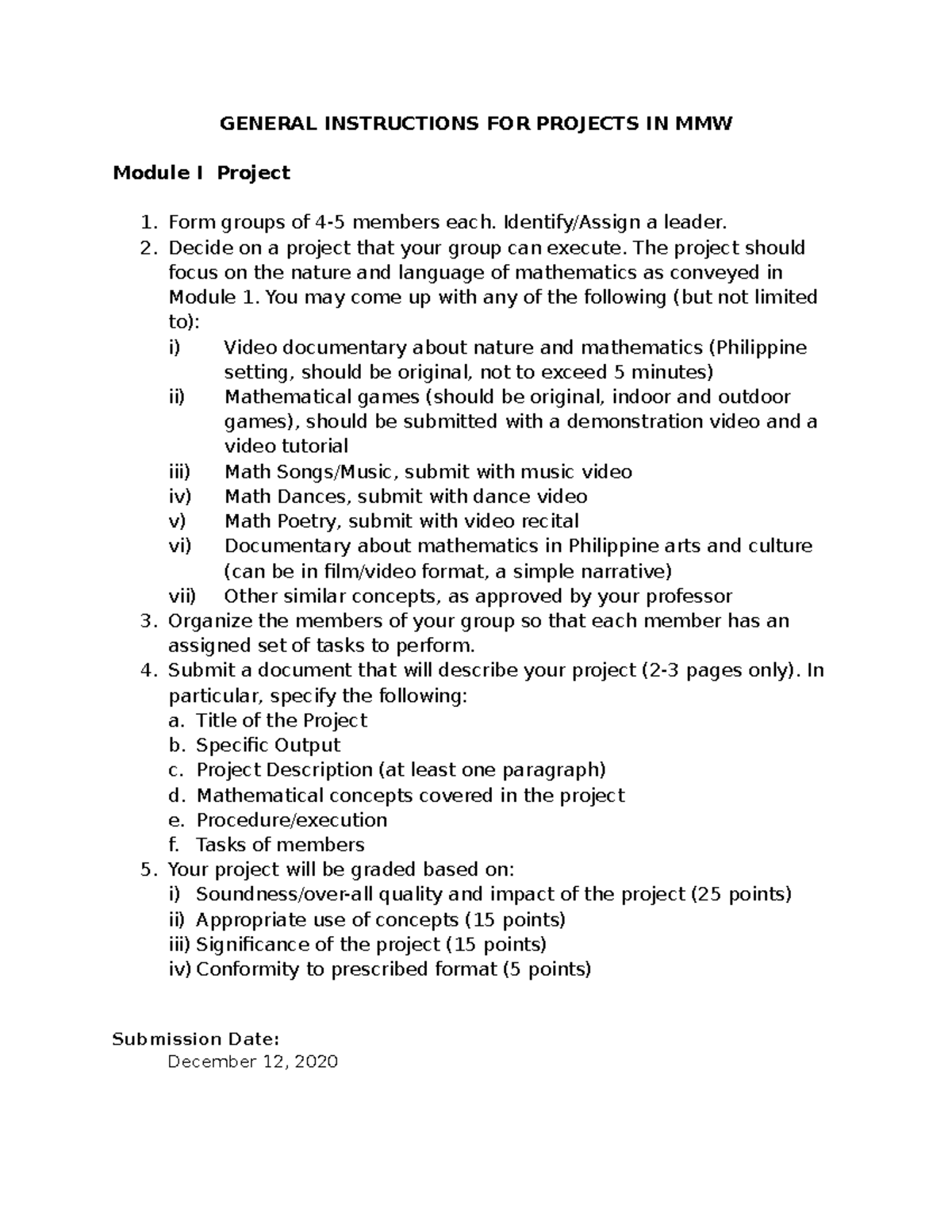 Instructions for Module 1 Project in MMW - GENERAL INSTRUCTIONS FOR ...