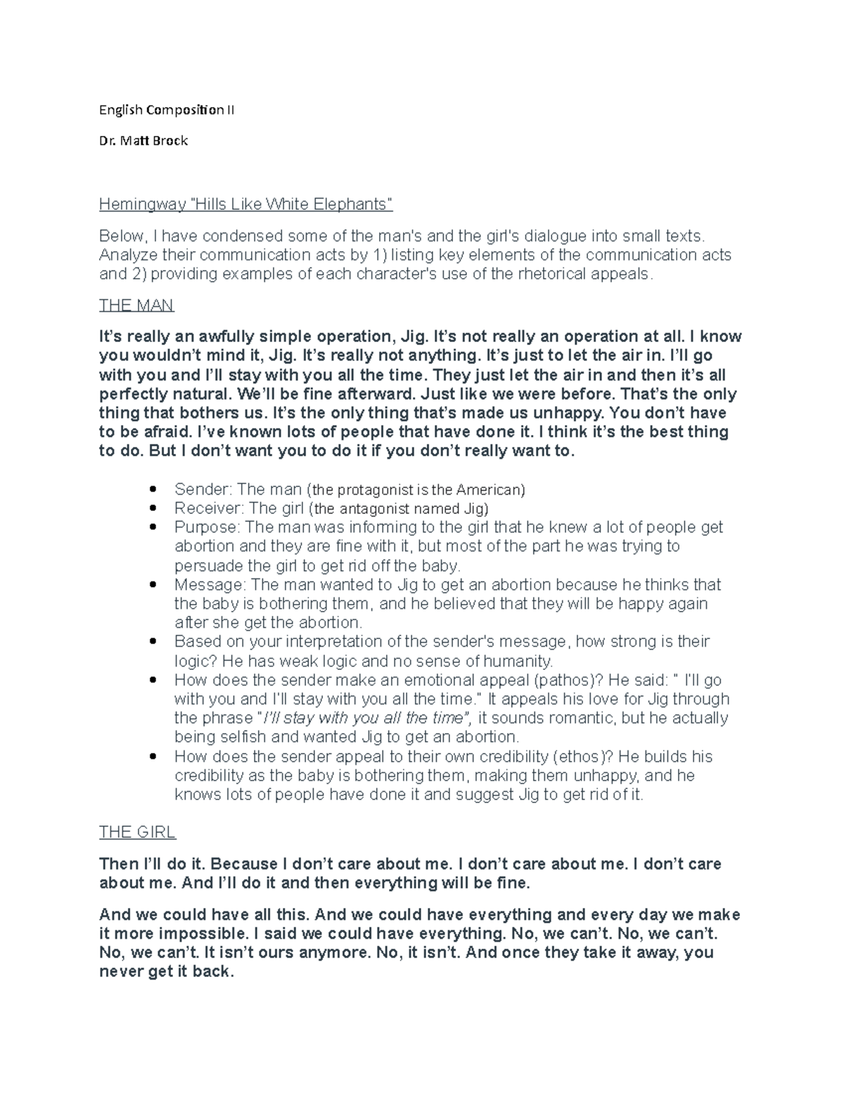 HLWE - essay - English Composition II Dr. Matt Brock Hemingway “Hills ...