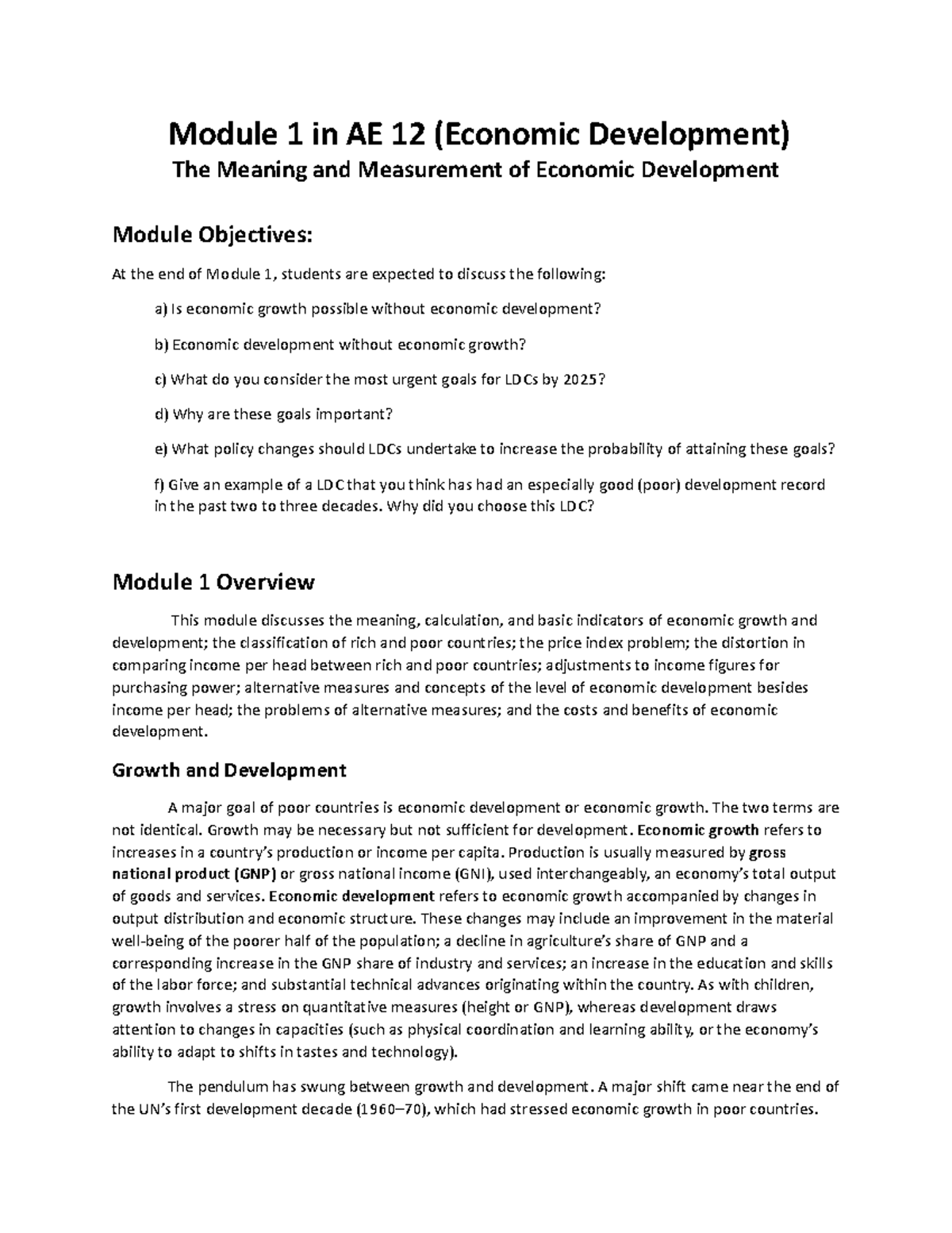 Economic developmet reviewer - Module 1 in AE 12 (Economic Development ...