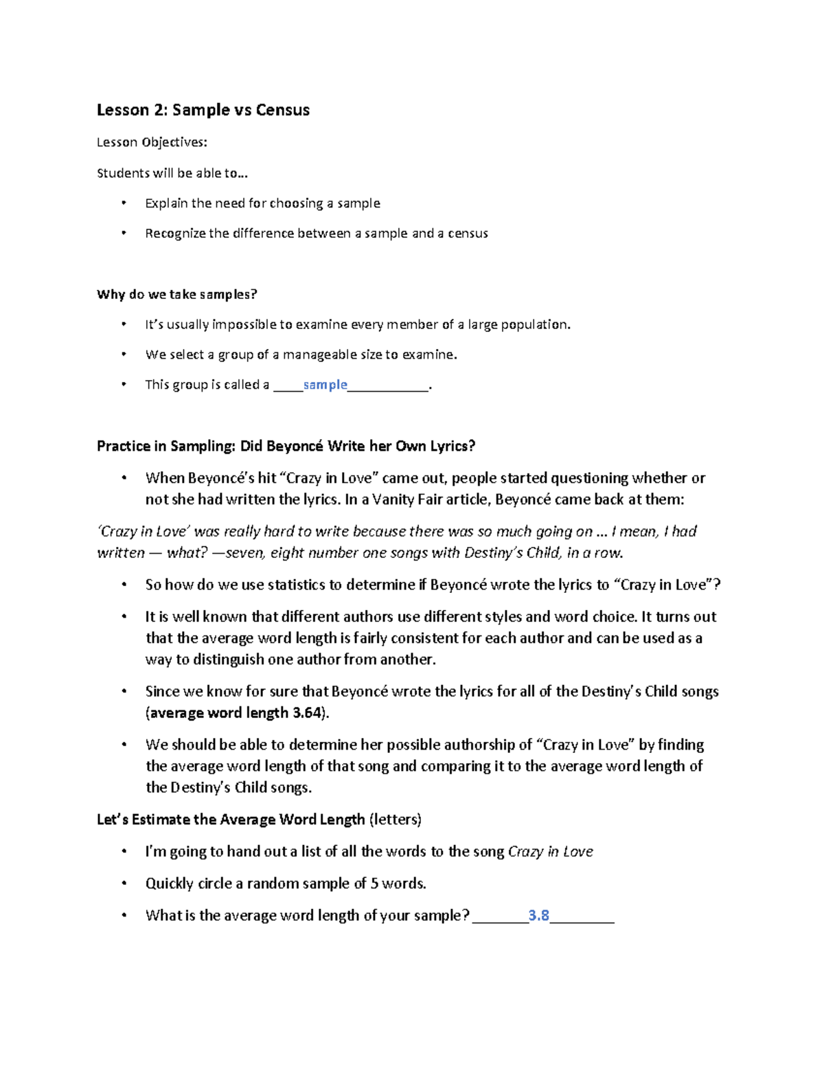 Lesson 2 Guided Notes[ 226] - Lesson 2: Sample vs Census Lesson ...