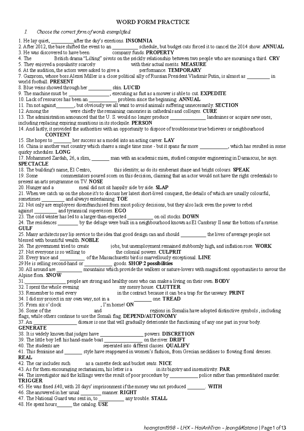 Olympic - WORD FORM PRACTICE I. Choose the correct form of words ...