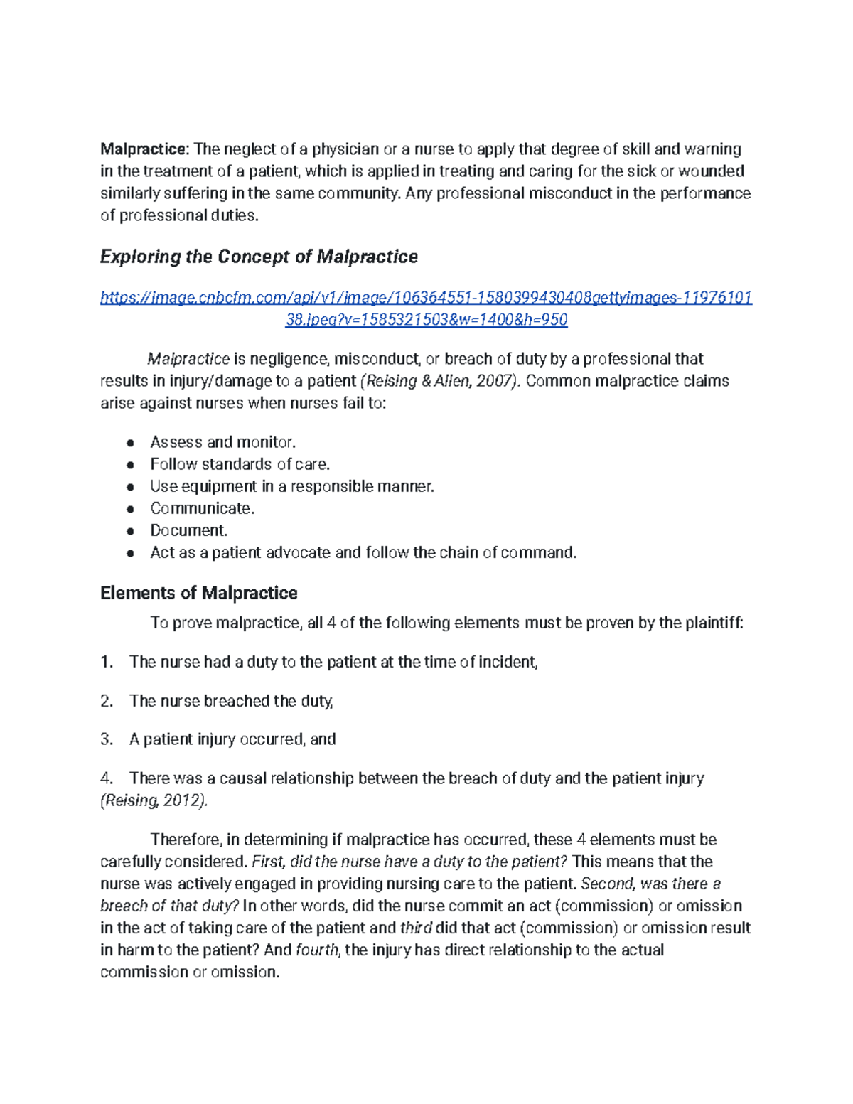 Health Ethics - Malpractice and Negligence in Nursing - Malpractice ...