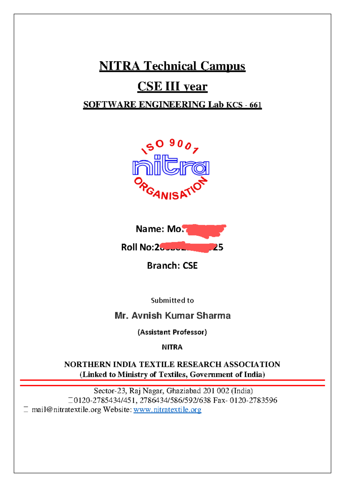 SE Practical File - NITRA Technical Campus CSE III year SOFTWARE ENGINEERING Lab KCS - 661 Name ...