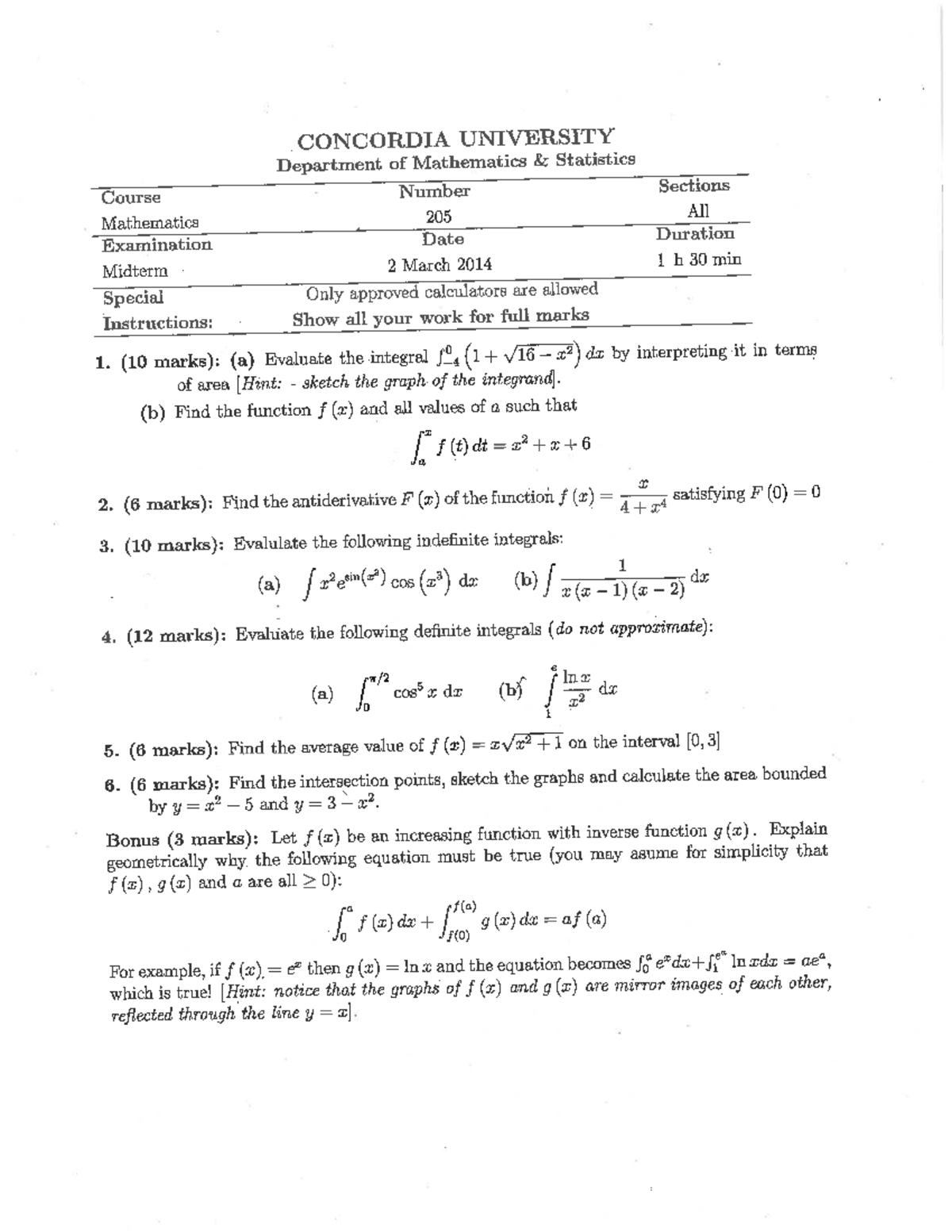 Exam 2014, questions - midterm - MATH 205 - Studocu