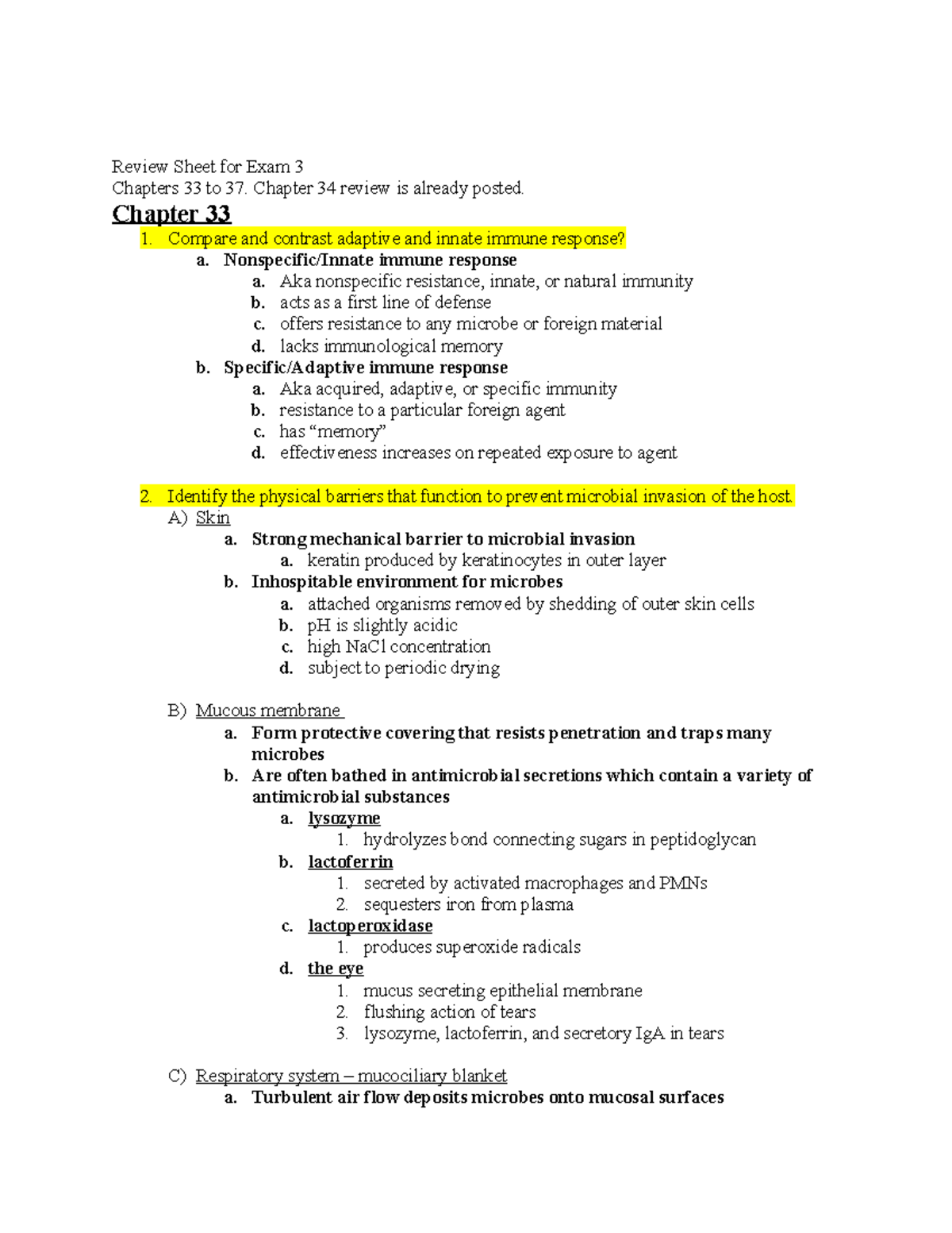 EXAM 3 Review Sheet - Review Sheet for Exam 3 Chapters 33 to 37 ...