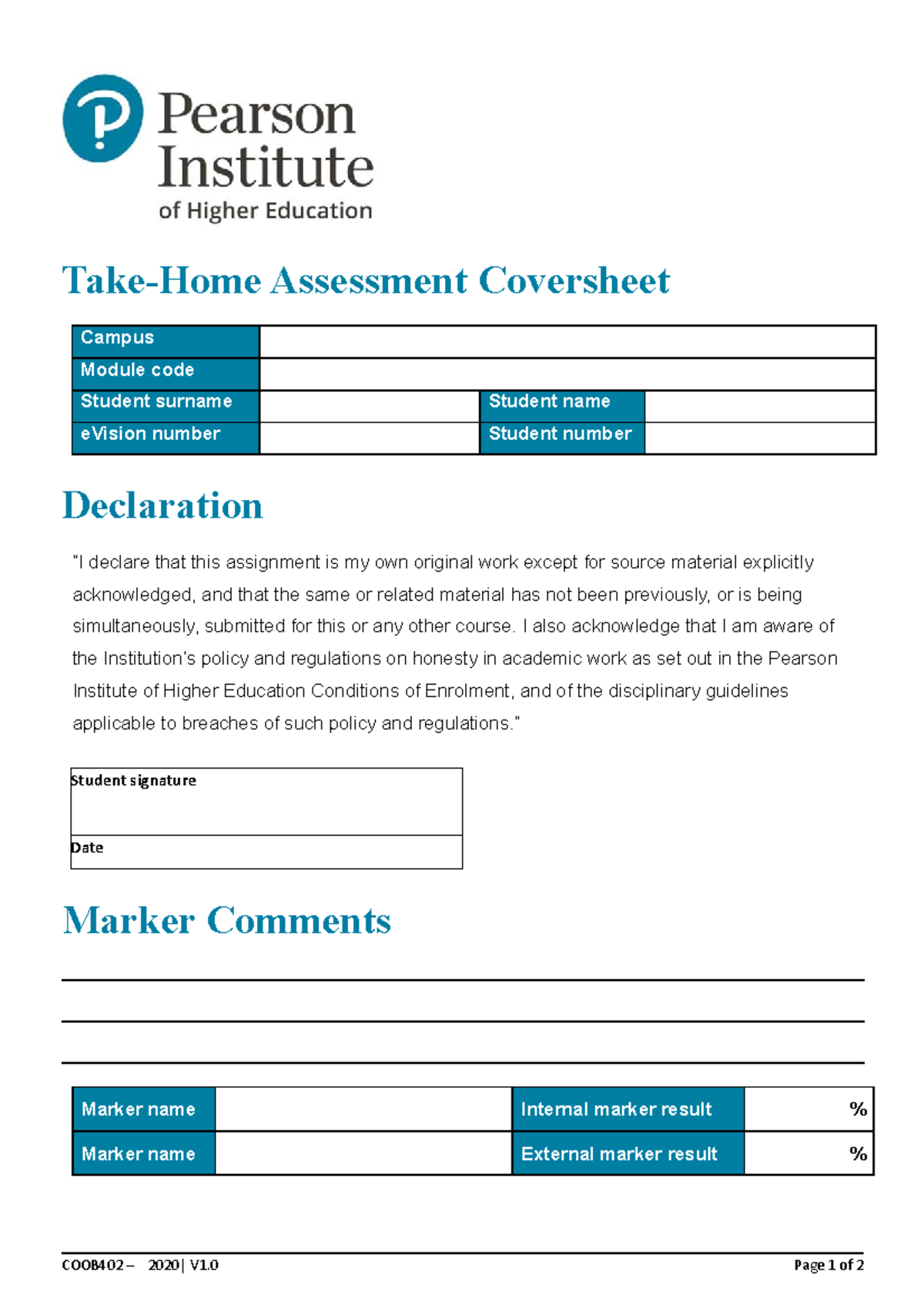COHR211 Take home test cover sheet 3 - Date Student signature Take-Home ...