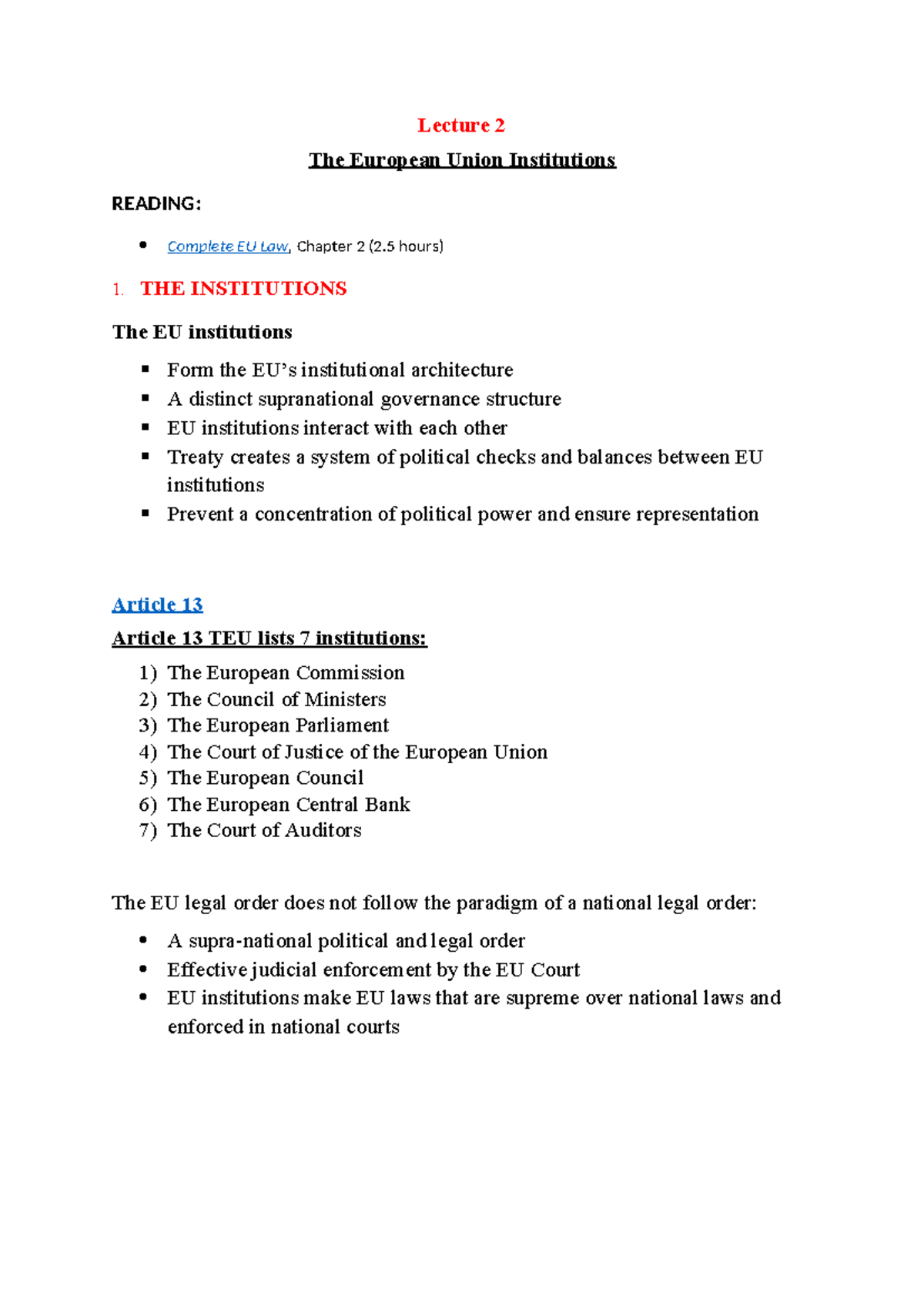 Lecture 2 - The EU Institutions - Lecture 2 The European Union ...