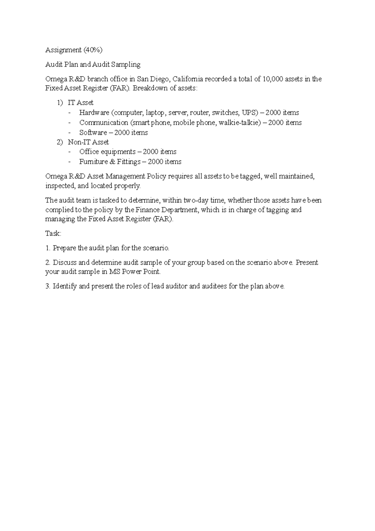 Assignment - Audit plan - Assignment (40%) Audit Plan and Audit ...