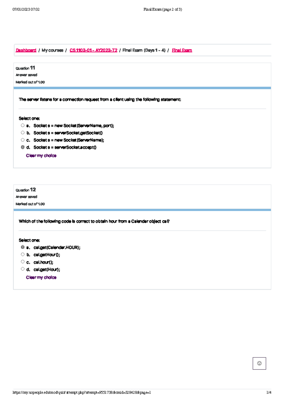 Final Exam (page 2 of 3) - Question 11 Answer saved Marked out of 1. 00 ...