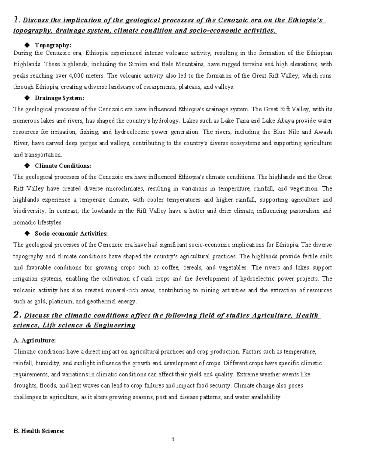 Last geo - 1. Discuss the implication of the geological processes of ...