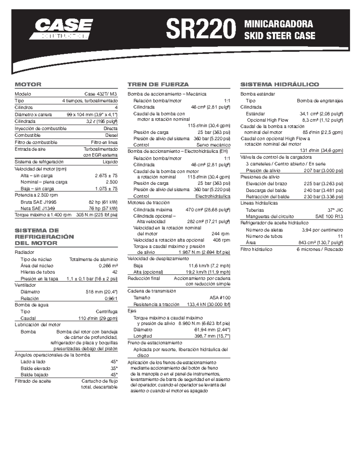 Ficha tecnica case sr220 - SR MINICARGADORA SKID STEER CASE MOTOR ...