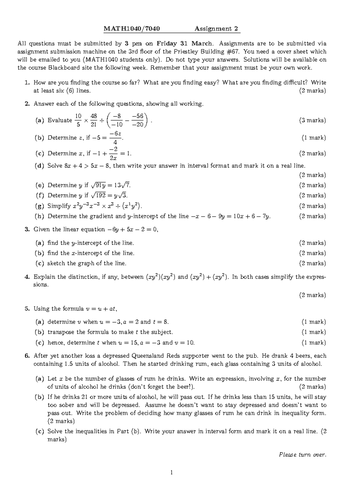 Ass2 sem 1 2017 - Assignment 2 - Basic Mathematics - MATH1040/7040 ...