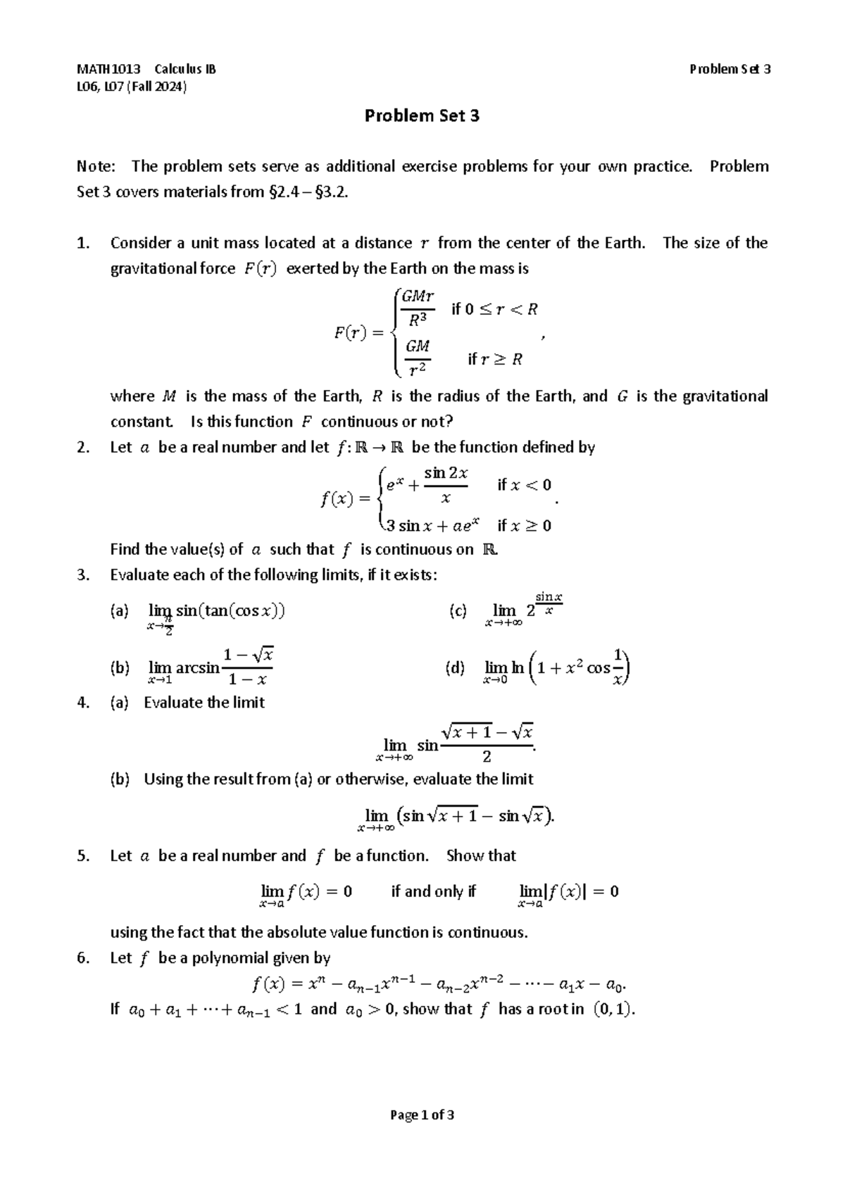 1013 Problem Set 3 - MATH1013 Calculus IB Problem Set 3 L06, L07 (Fall 2024) Page 1 of 3 Problem ...
