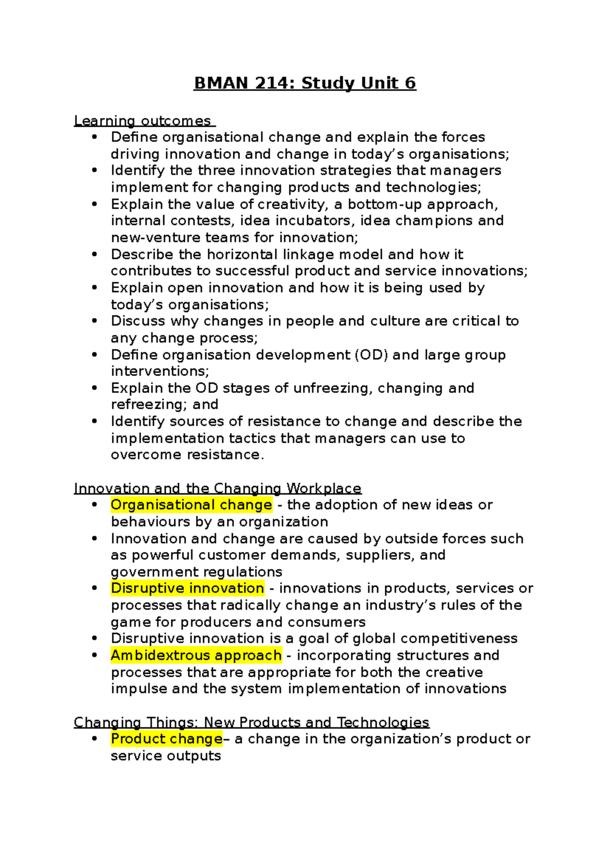 BMAN214 SU6 opsommings - BMAN 214: Study Unit 6 Learning outcomes ...