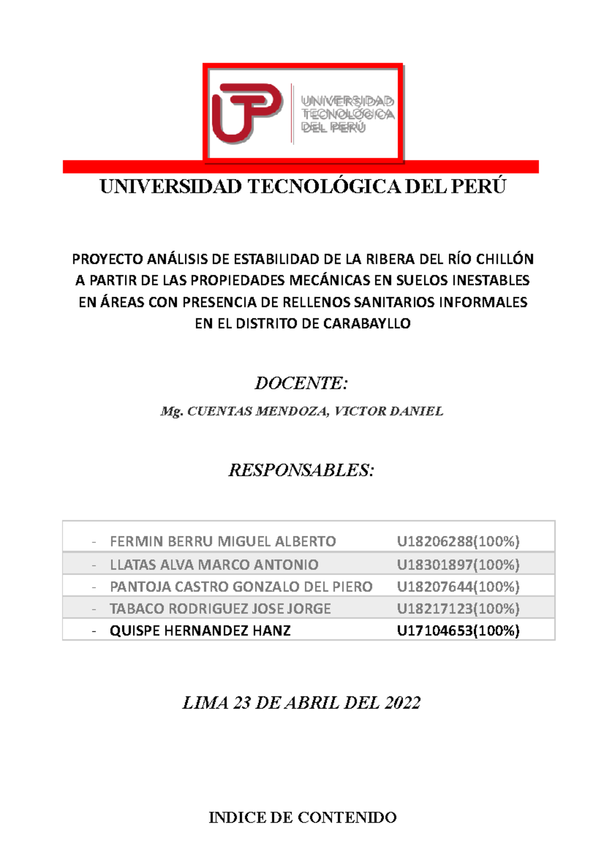 Avance 1 DEL Proyecto Final JOSÉ - UNIVERSIDAD TECNOLÓGICA DEL PERÚ PROYECTO ANÁLISIS DE ...