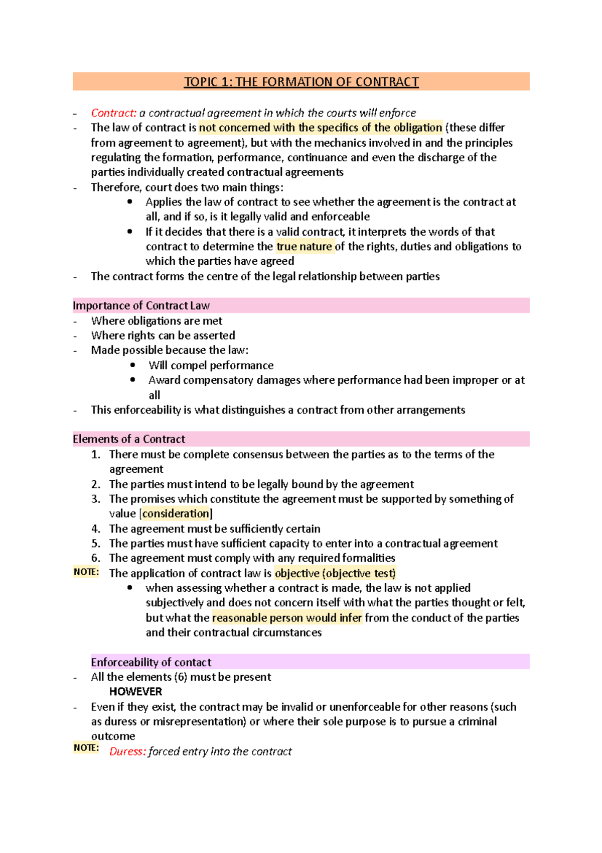 Con Law topic 1 - Contract Law notes - TOPIC 1: THE FORMATION OF ...