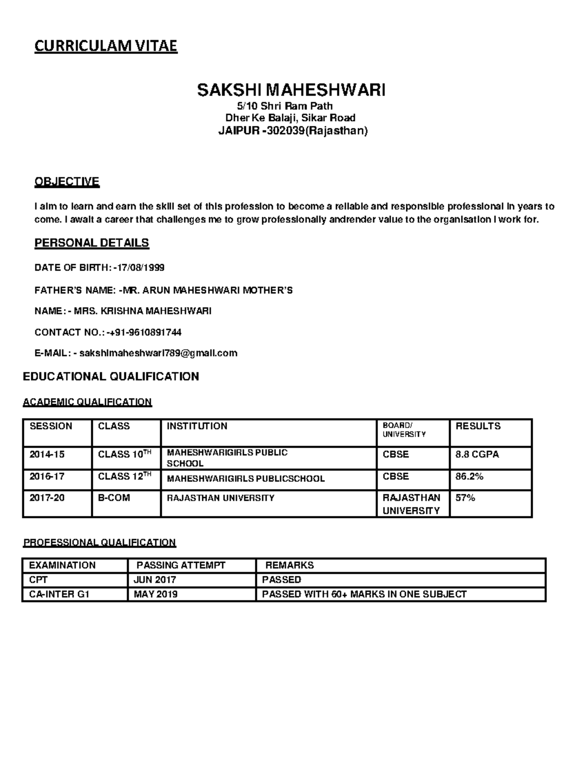 Sakshi Maheshwari CV - CURRICULAM VITAE SAKSHI MAHESHWARI 5/10 Shri Ram Path Dher Ke Balaji ...