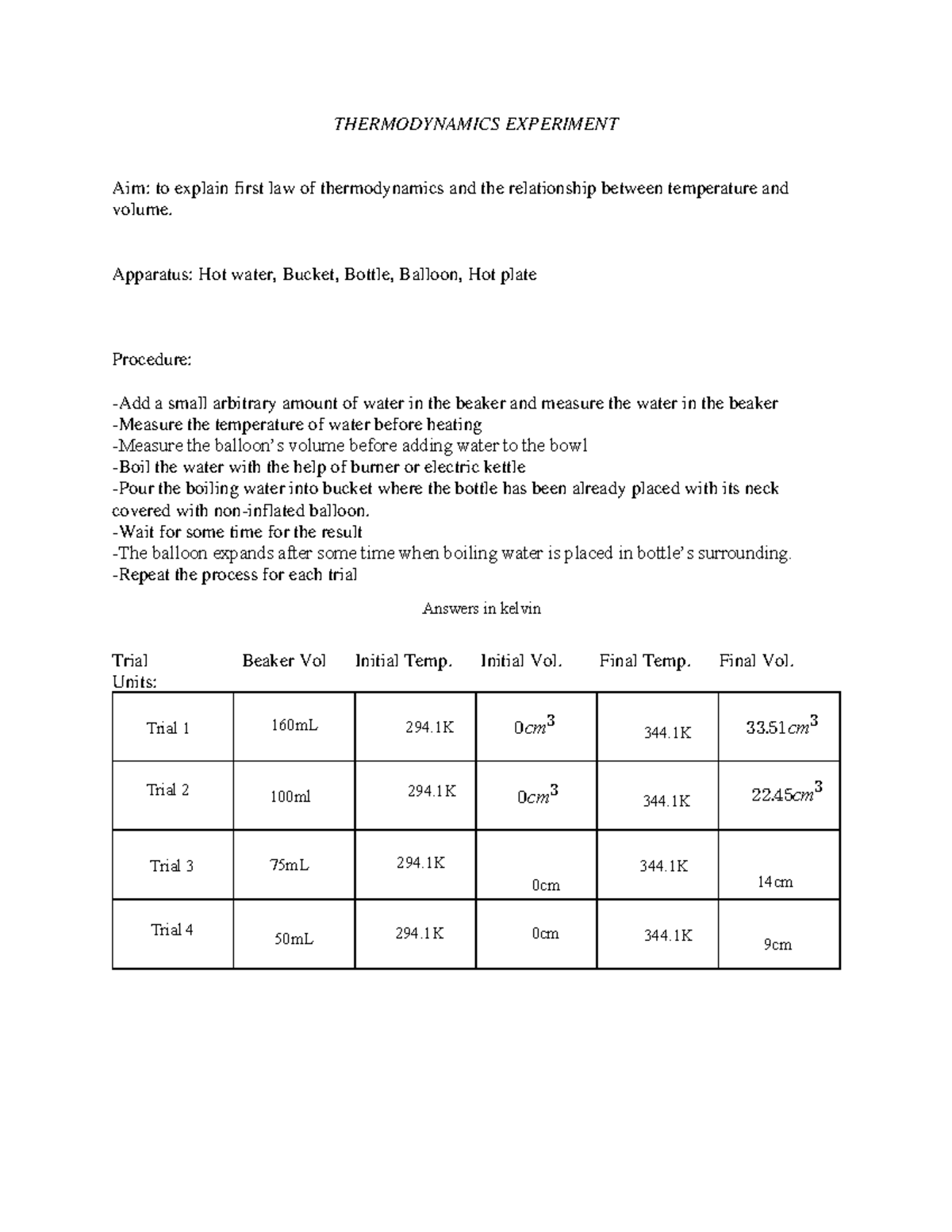 Thermodynamics Experiment - THERMODYNAMICS EXPERIMENT Aim: to explain ...