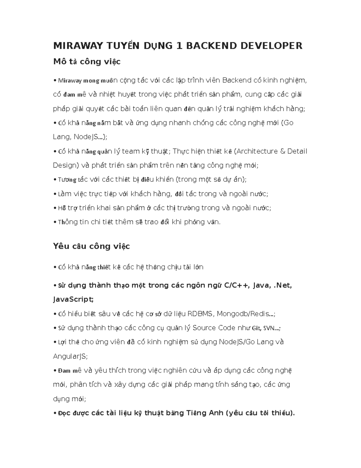 Miraway TUYỂN DỤNG 1 Backend Developer - MIRAWAY TUYỂN DỤNG 1 BACKEND DEVELOPER Mô tả công việc ...
