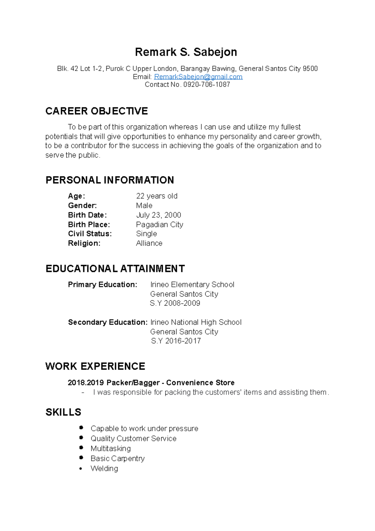 Remark S. Sabejon - N/A - Remark S. Sabejon Blk. 42 Lot 1-2, Purok C ...