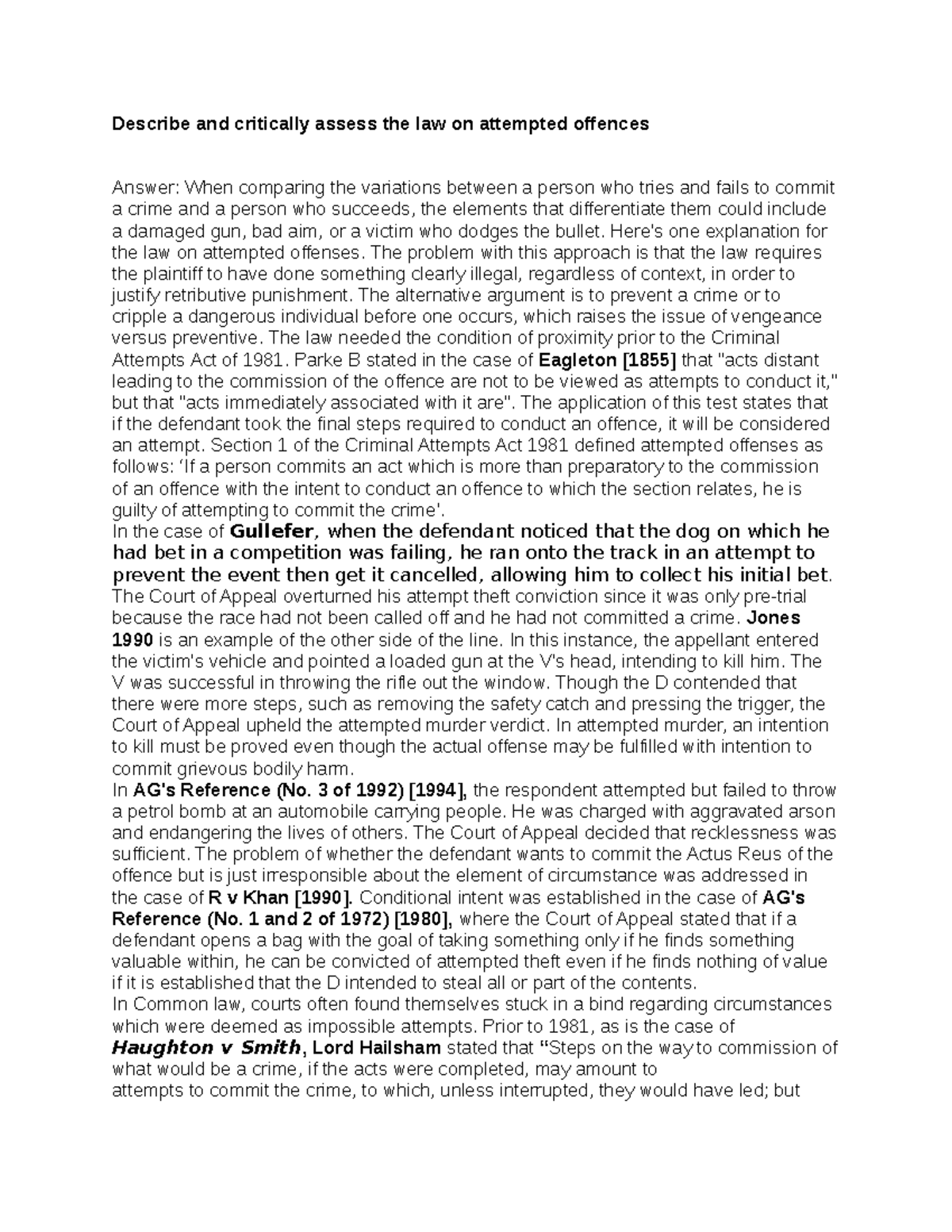 Criminal attempt essay - Describe and critically assess the law on ...