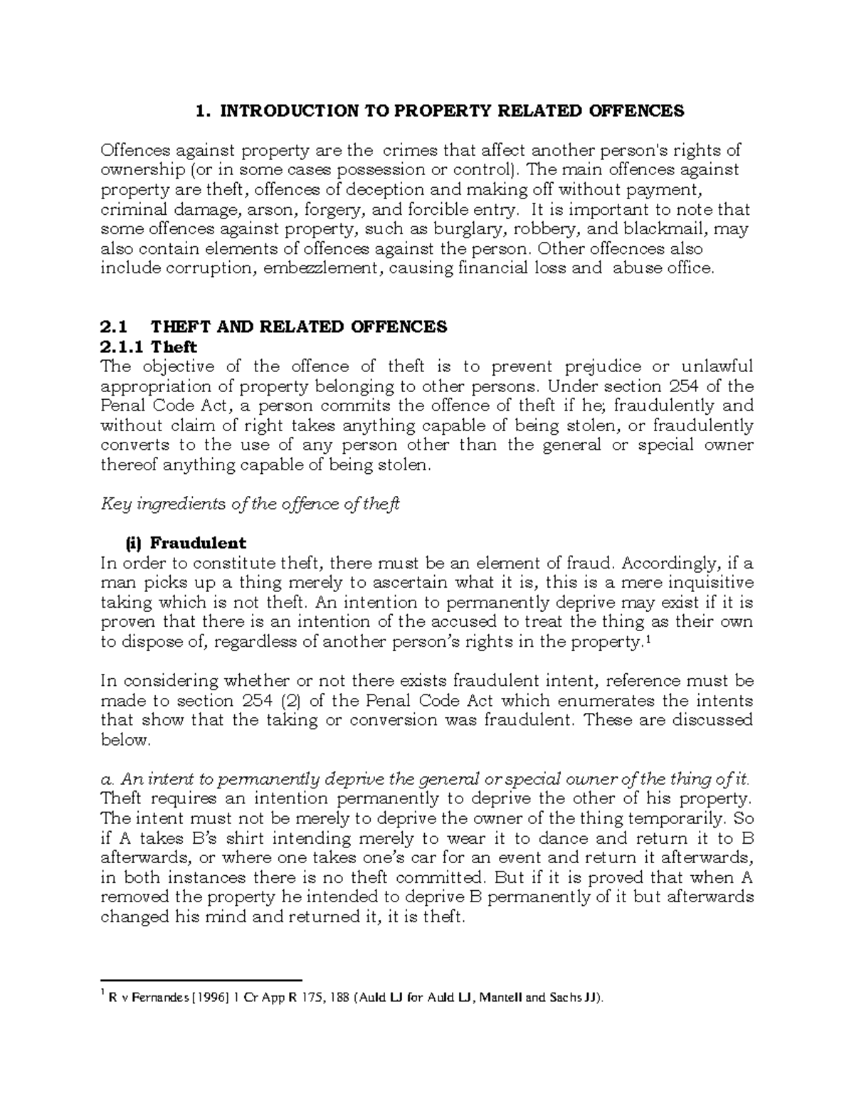 Theft offence notes - 1. INTRODUCTION TO PROPERTY RELATED OFFENCES ...