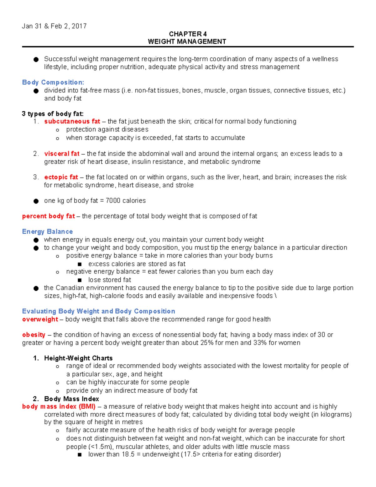 Chapter 4 - Weight Management - Jan 31 & Feb 2, 2017 CHAPTER 4 WEIGHT ...