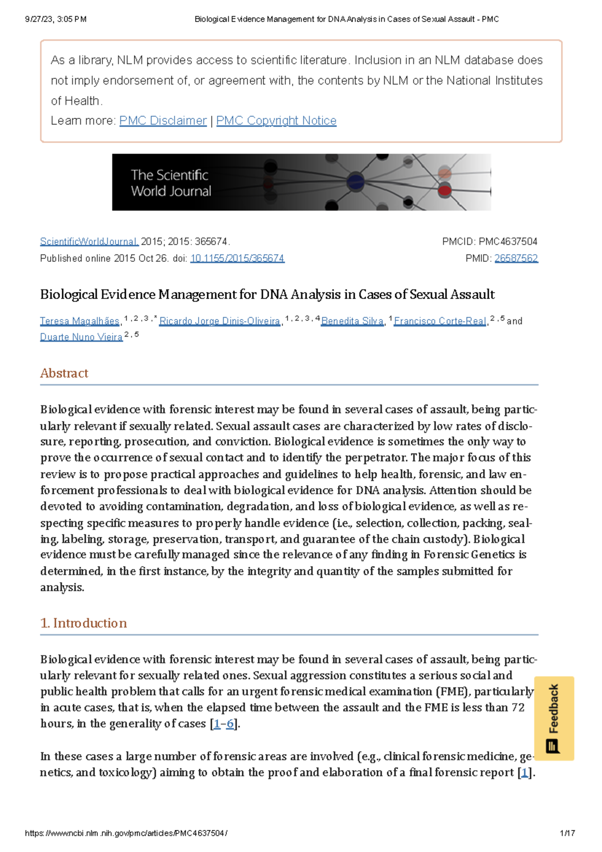 Biological Evidence Management for DNA Analysis in Cases of Sexual ...