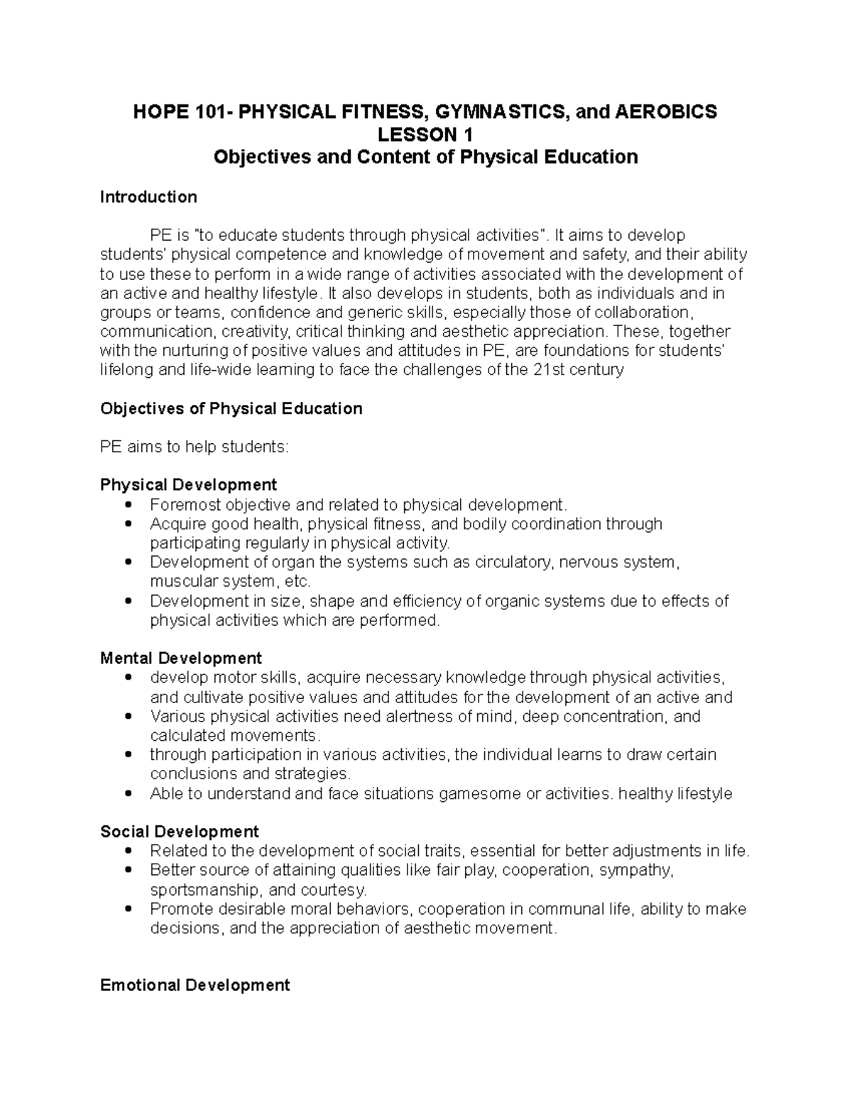 Objectives and Content of Physical Education - HOPE 101- PHYSICAL ...