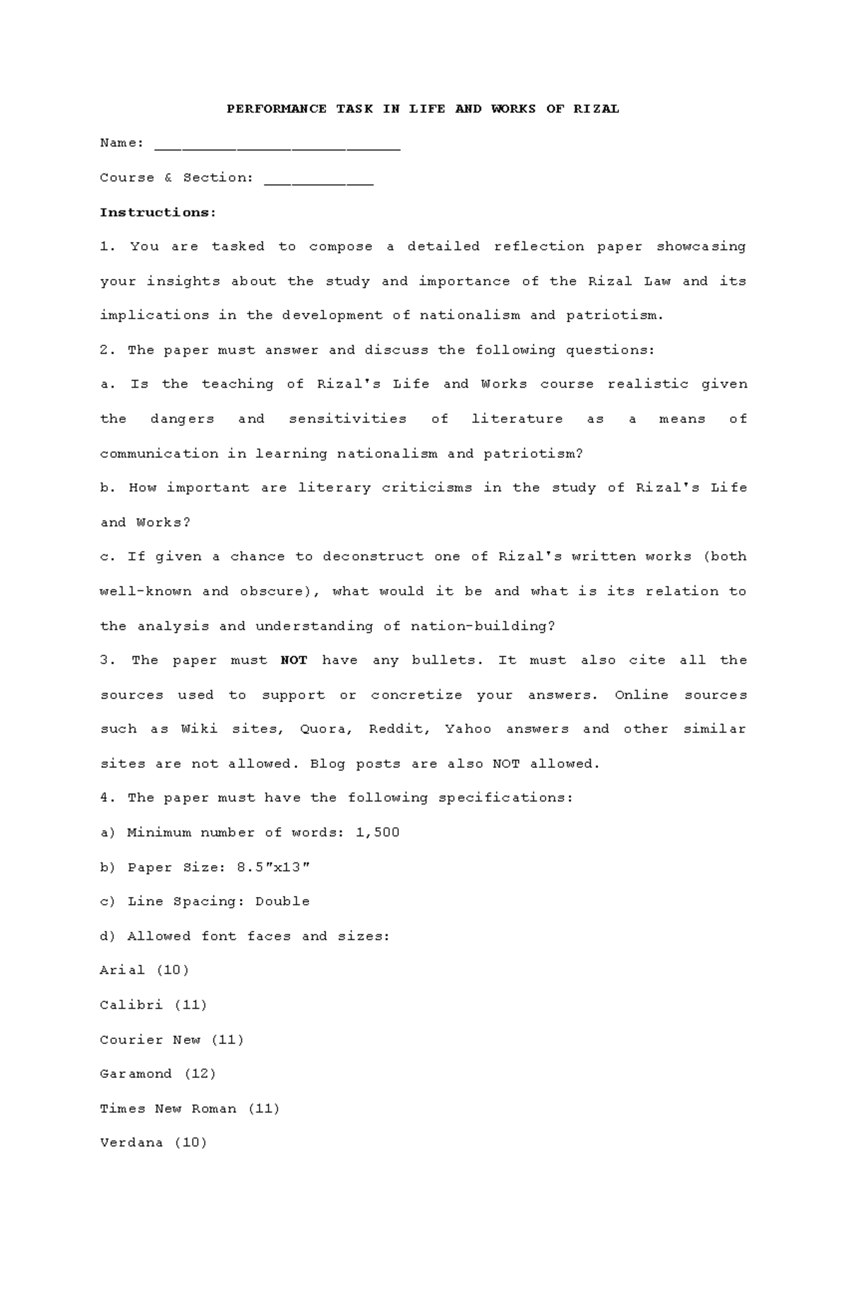 Performance TASK - SCSEWTEHB - PERFORMANCE TASK IN LIFE AND WORKS OF RIZAL Name: - Studocu