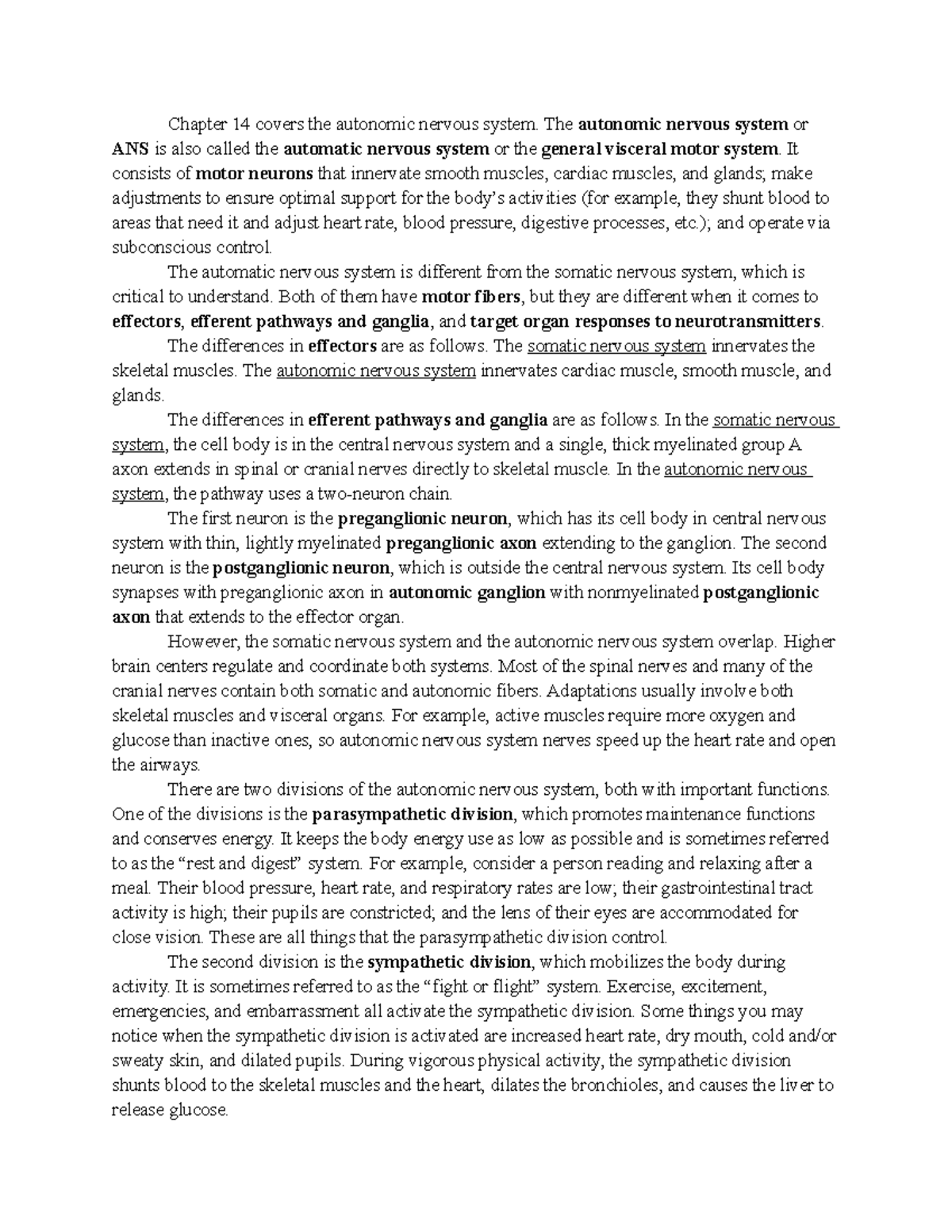 Cheroske Chapter 14 Lecture Summary - Chapter 14 covers the autonomic ...