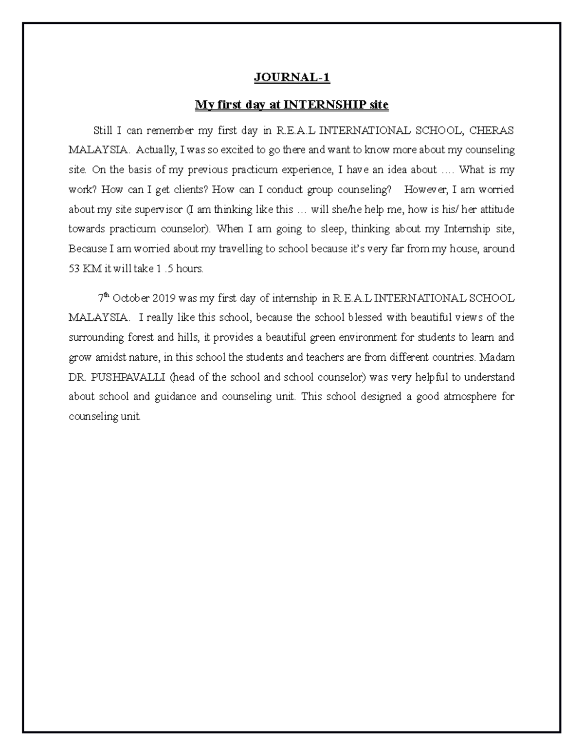 Journal OF Internship - JOURNAL- My first day at INTERNSHIP site Still ...